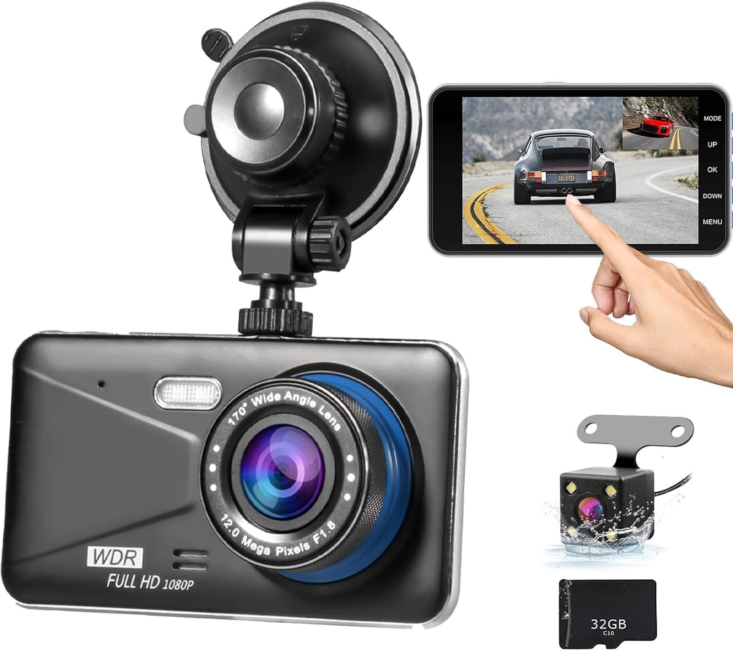 Dash Cam Front and Rear, Dual Camera with 32G SD Card 4''IPS Touch ...
