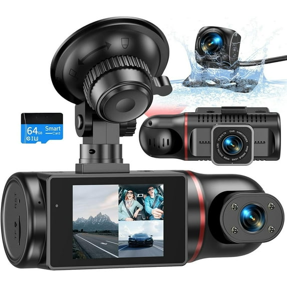Dash Cam Front and Rear Inside, 1080P 3 Dash Camera for with 64GB Card ...