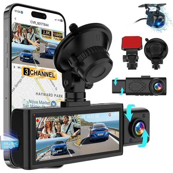Dash Cam Front Rear and Inside, 3 Dual Dash Camera for WiFi 2.5K ...