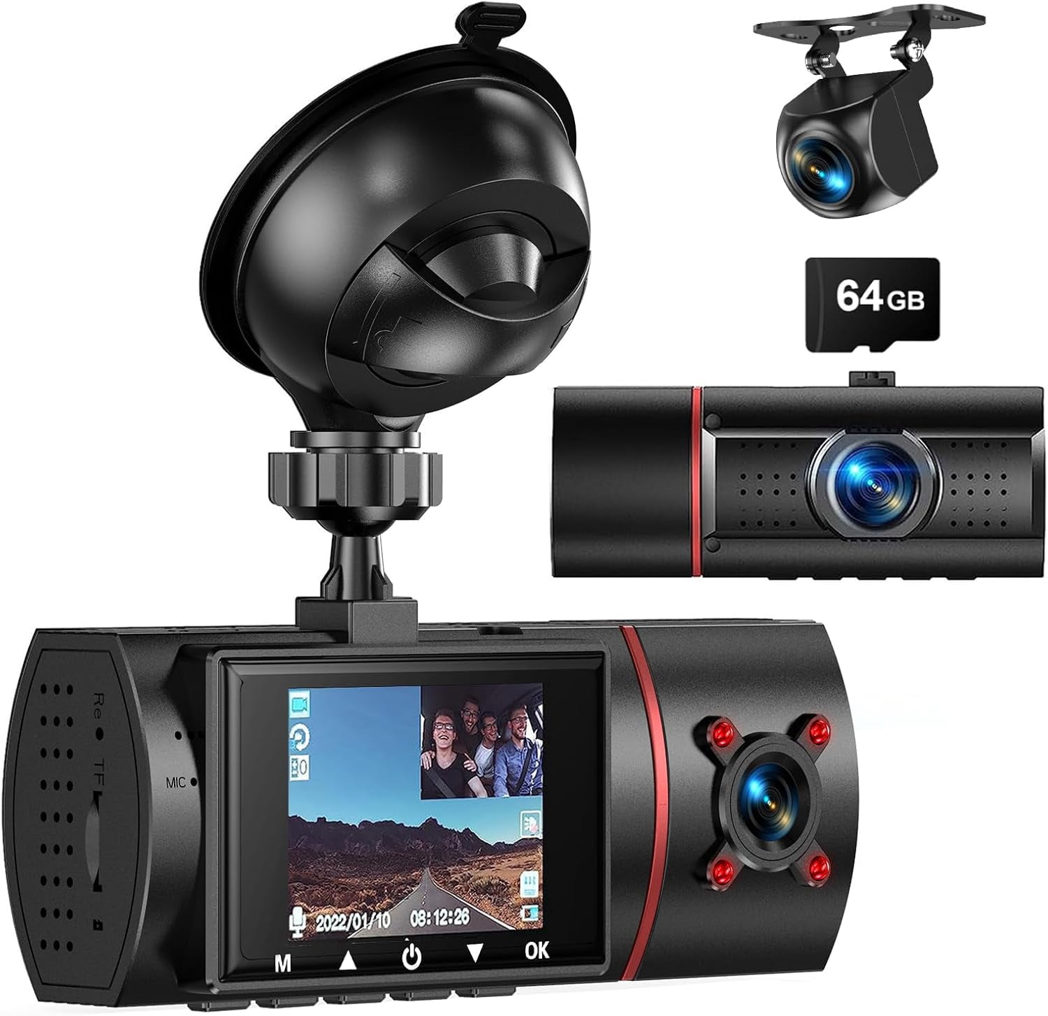 Dash Cam Front Rear and Inside, 3 Dual Dash Camera for W/ 64GB Card ...