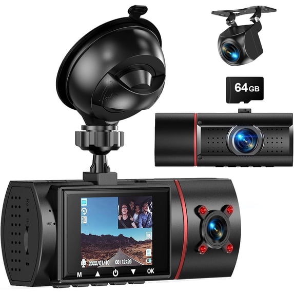 Dash Cam Front Rear and Inside, 3 Dual Dash Camera for W/ 64GB Card ...
