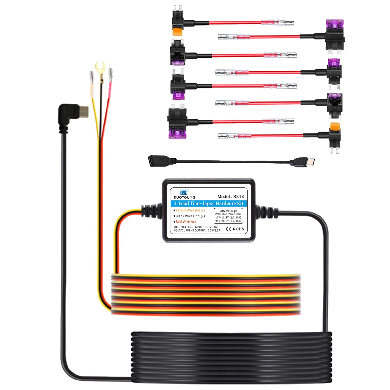 Dash Cam Hardwire Kit Converts 12V-24V to 5V Type C USB Hardwire Kit ...