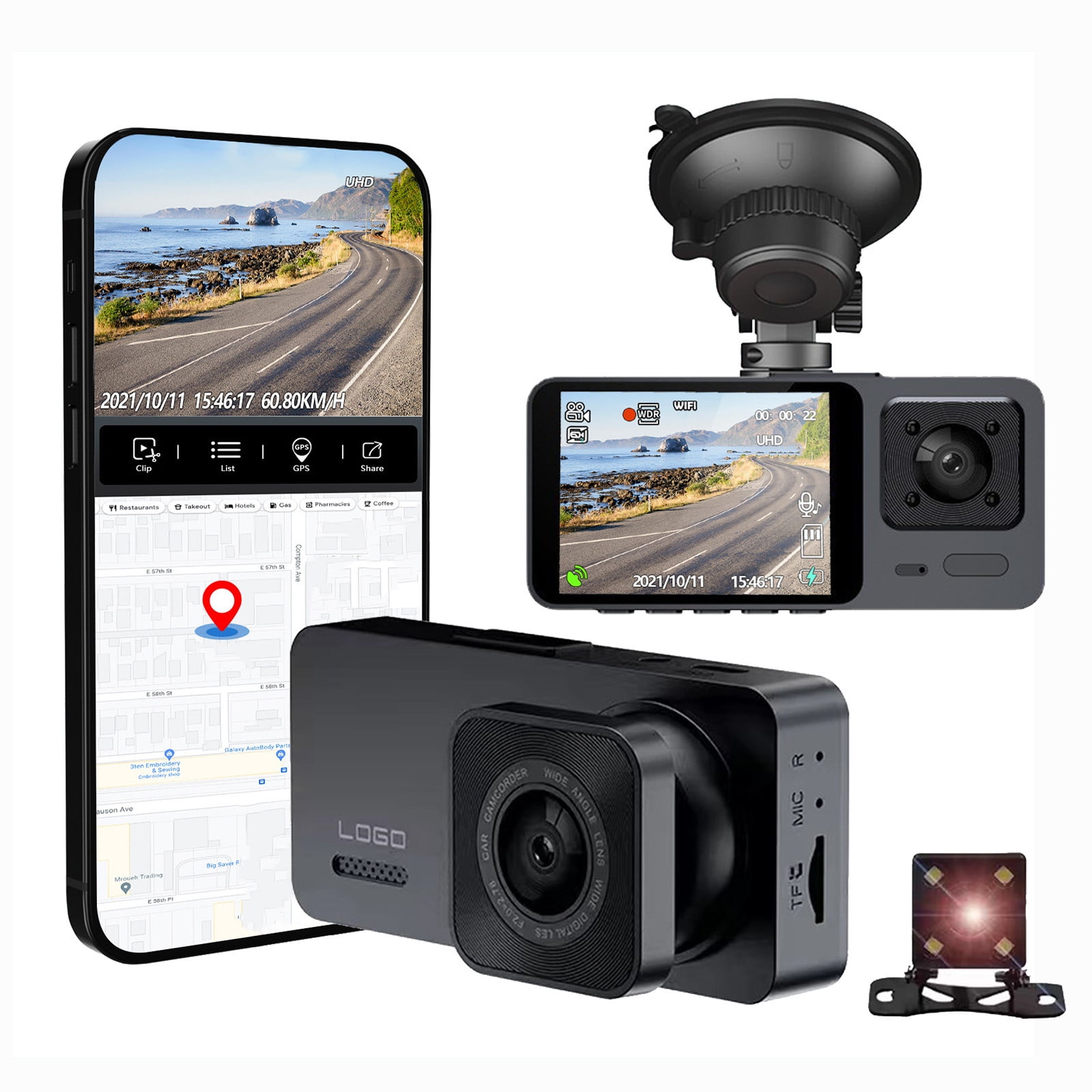 Dash Cam WiFi 1080P FHD Car Driving Recorder 2-inch IPS Screen Three ...