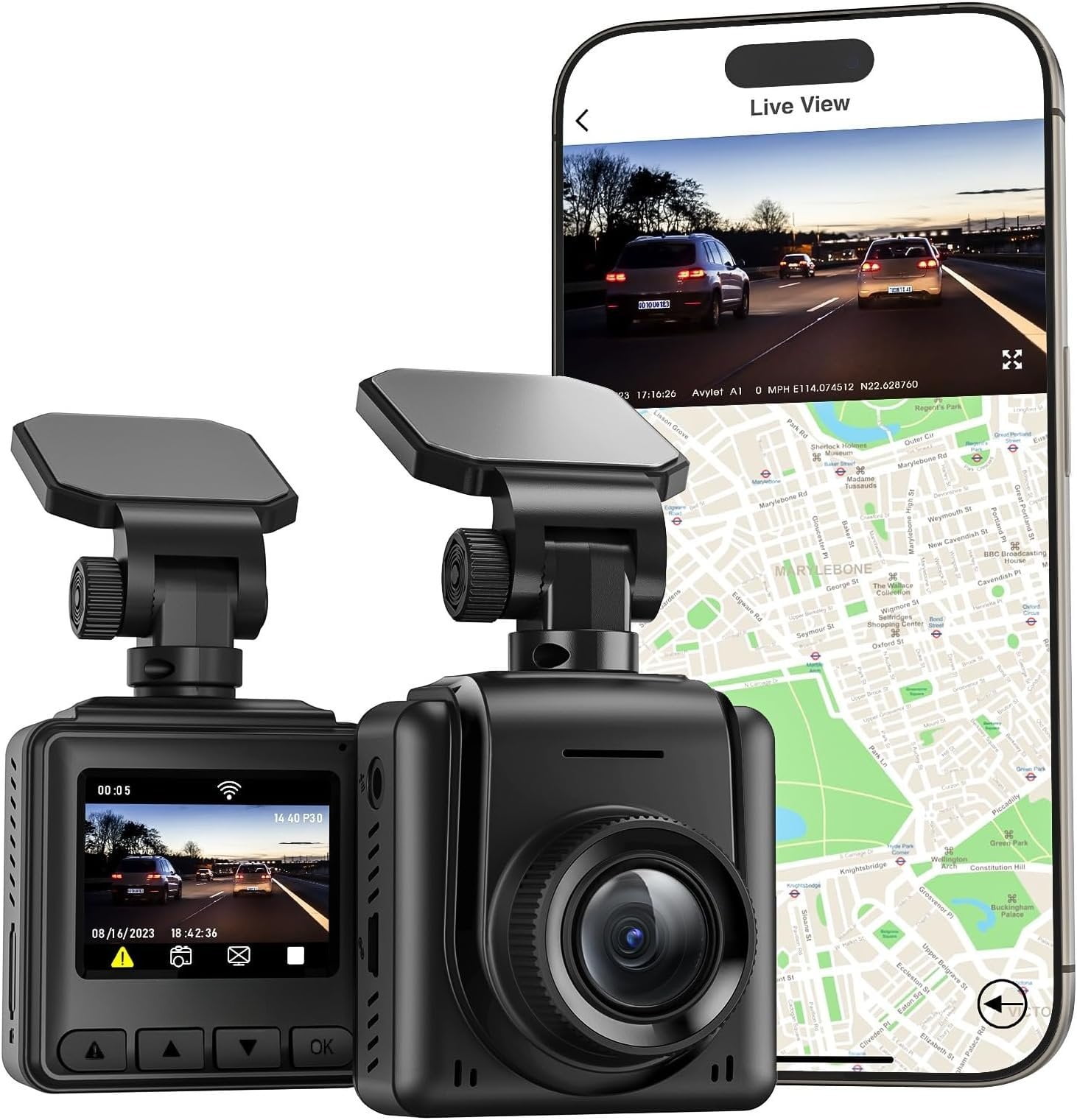 Dash Cam WiFi , Camera with APP, External GPS, 1.5'' IPS Screen, Front ...