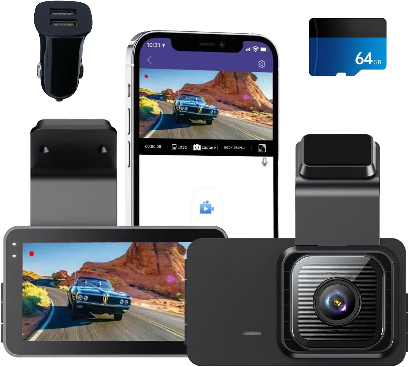 Dash Camera for Cars - 1080P Front with 3" Screen, Included 64GB ...