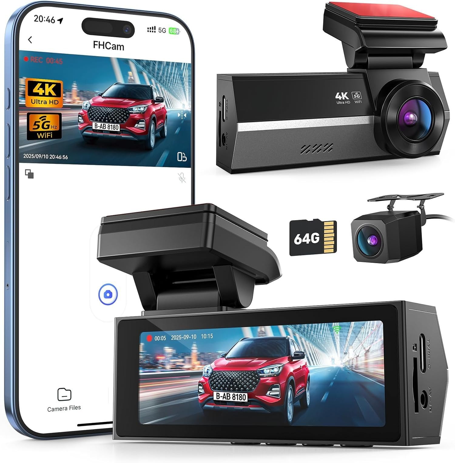Dash Cams Front and Rear, 4K+ Dual Dash Camera for w 64GB Card, 5GHz ...