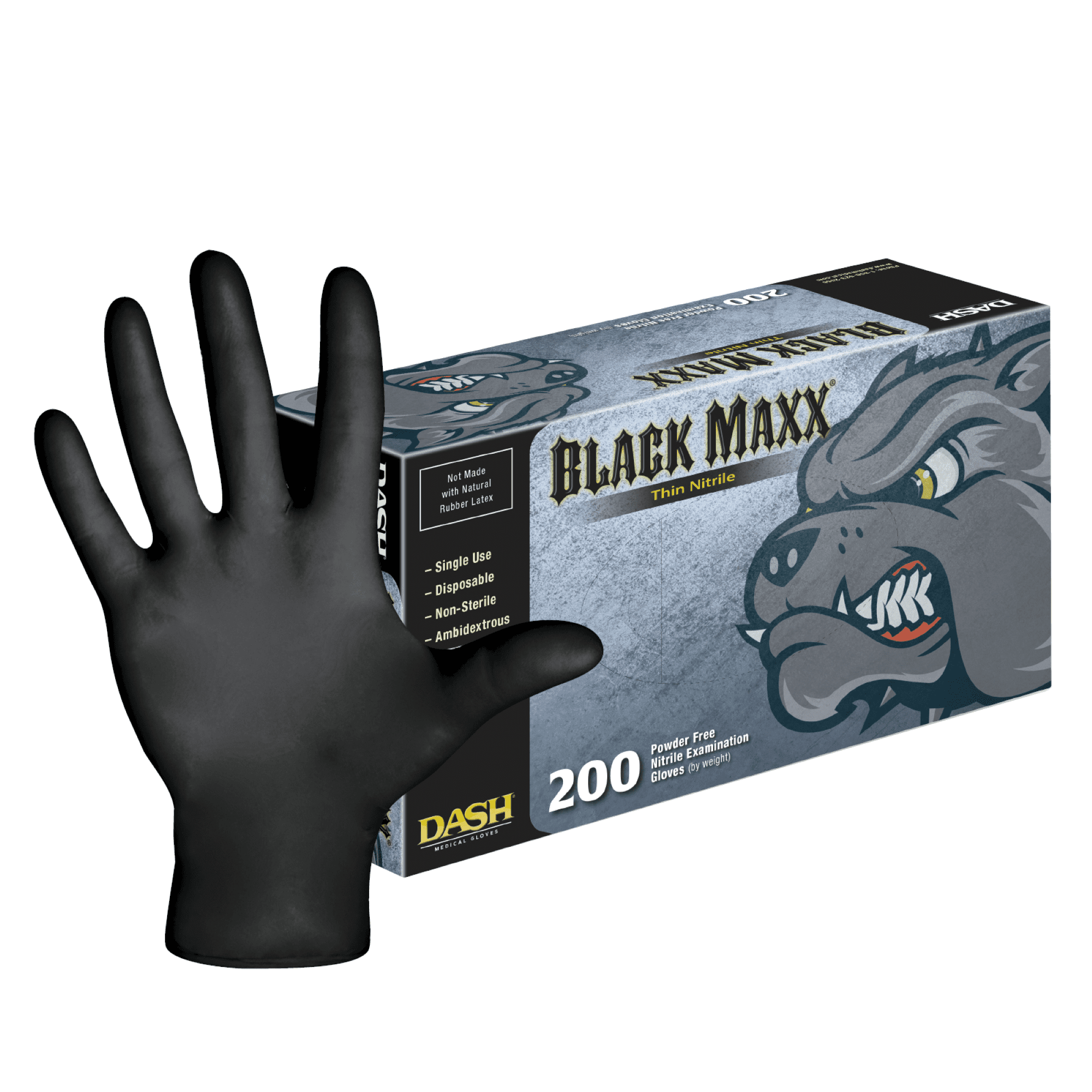 Dash Medical BMNT200XS Black Maxx Nitrile Exam Gloves Thin Powder-Free Extra-Small 200/Bx ...