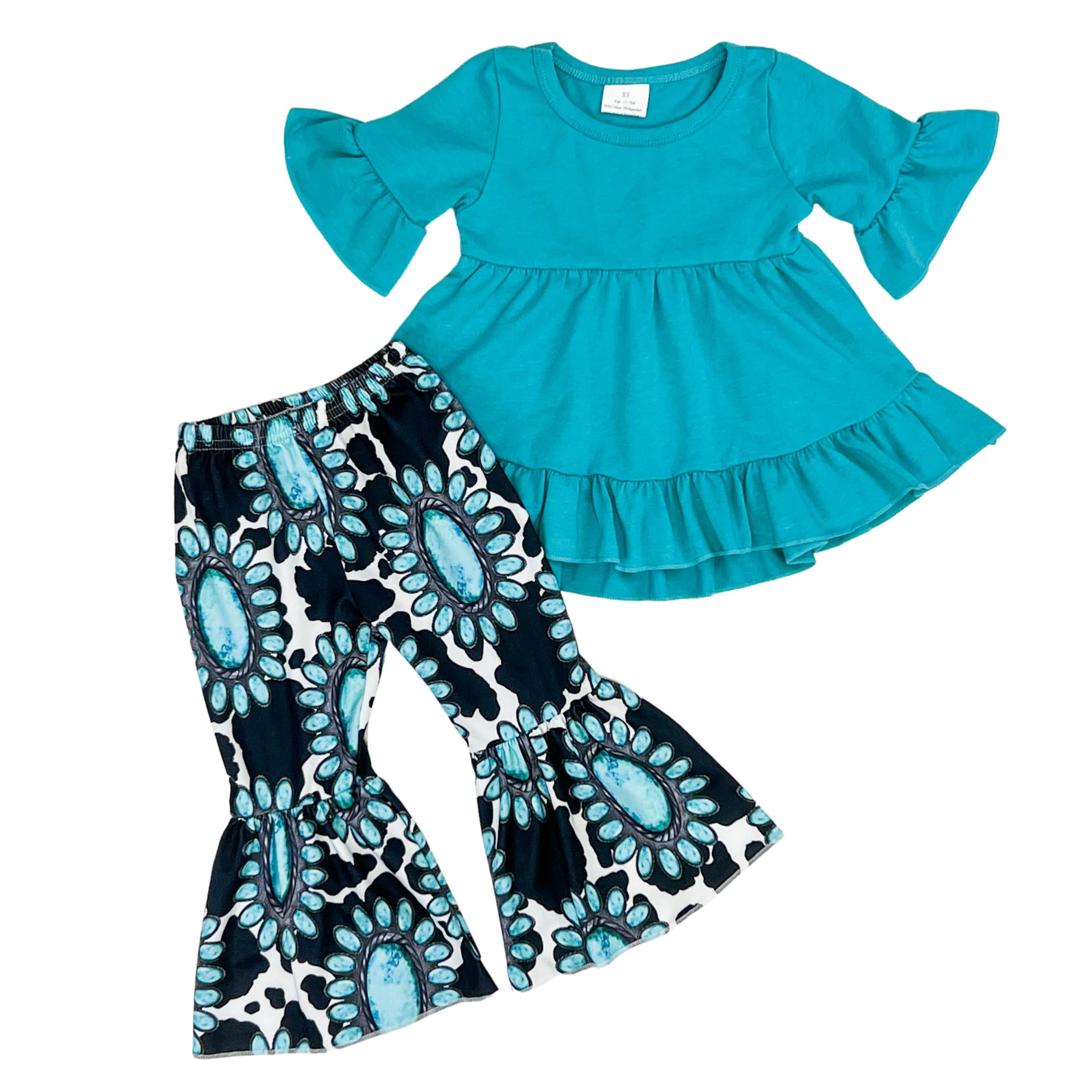 Dash of Glitter Girls Turquoise Top and Cow Print Bottom Pants 2-piece ...