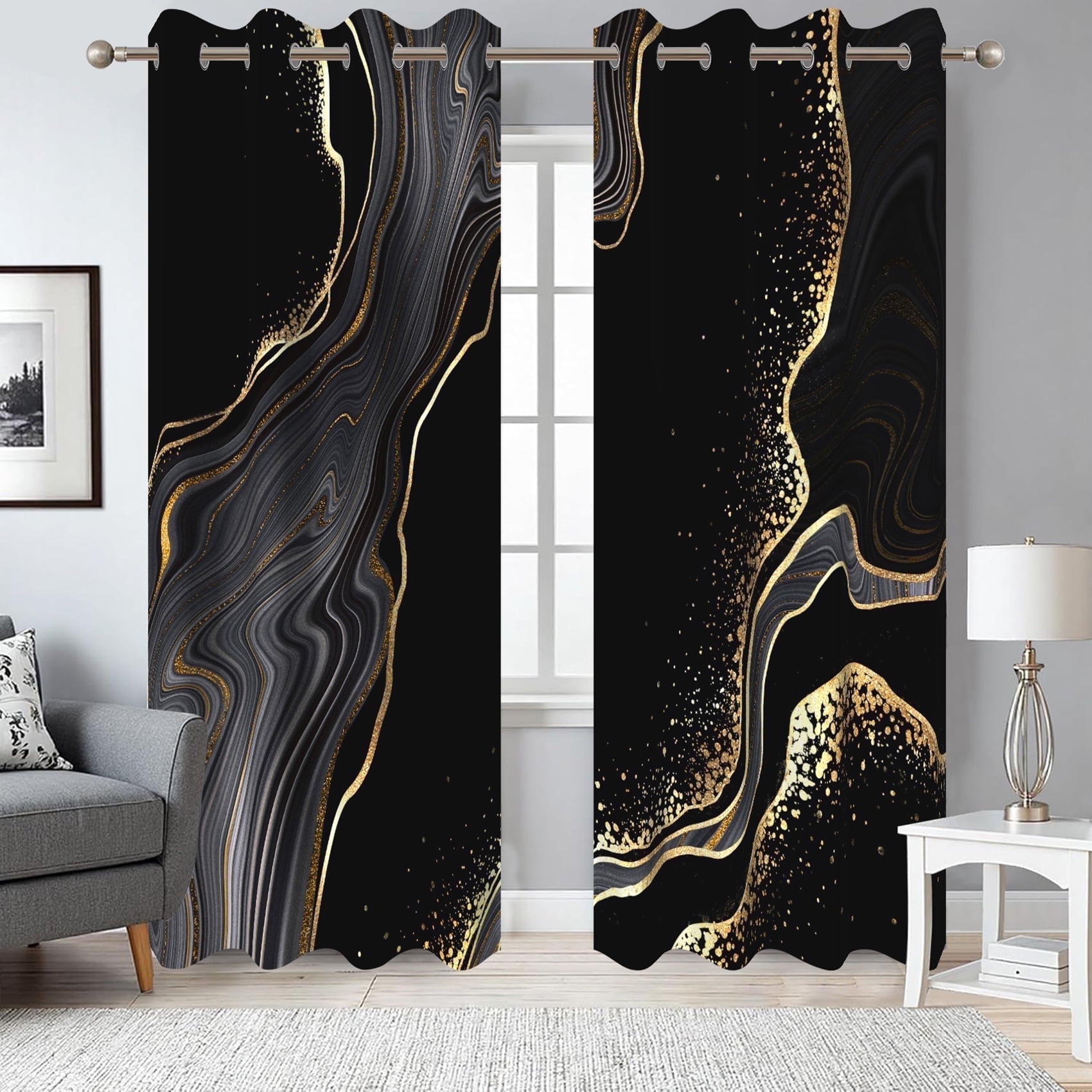 Dashan Black Gold Marble Blackout Window Curtain for Living Room ...