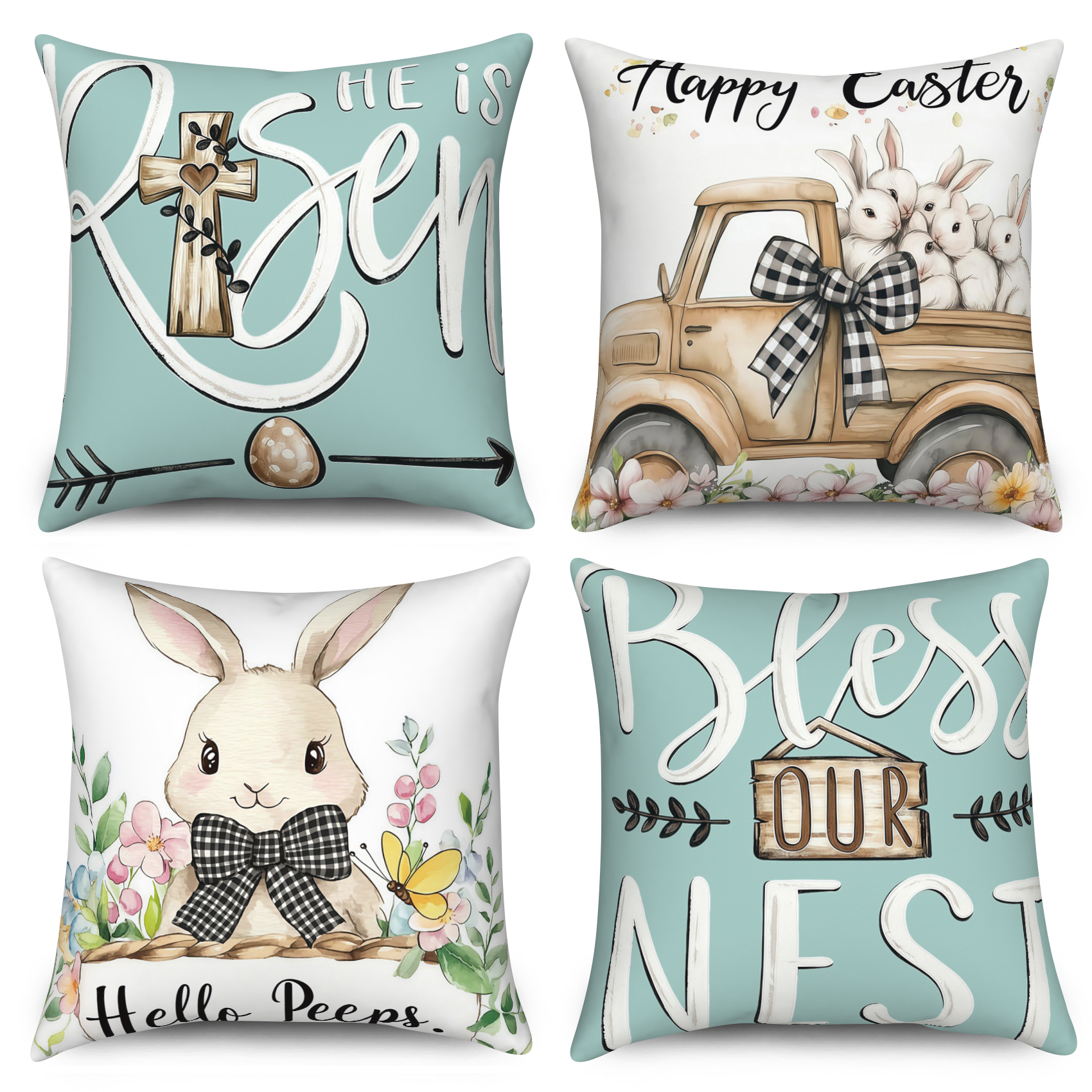 Dashan Easter Pillow Cover 16x16 Set of 4,Bunny Truck Farmhouse Pillow ...