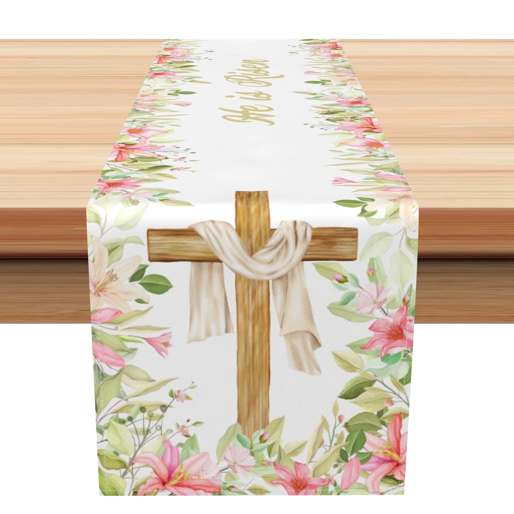 Dashan He is Risen Table Runner,Spring Easter Christian Cross Linen ...