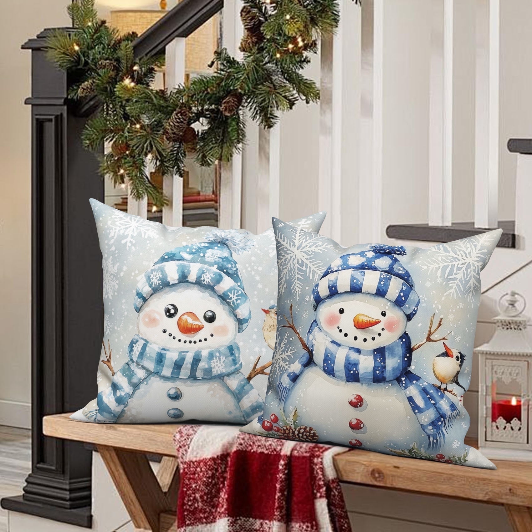 Dashan Winter Snowman Throw Pillow Covers 16x16 Set of 2,Blue Christmas ...