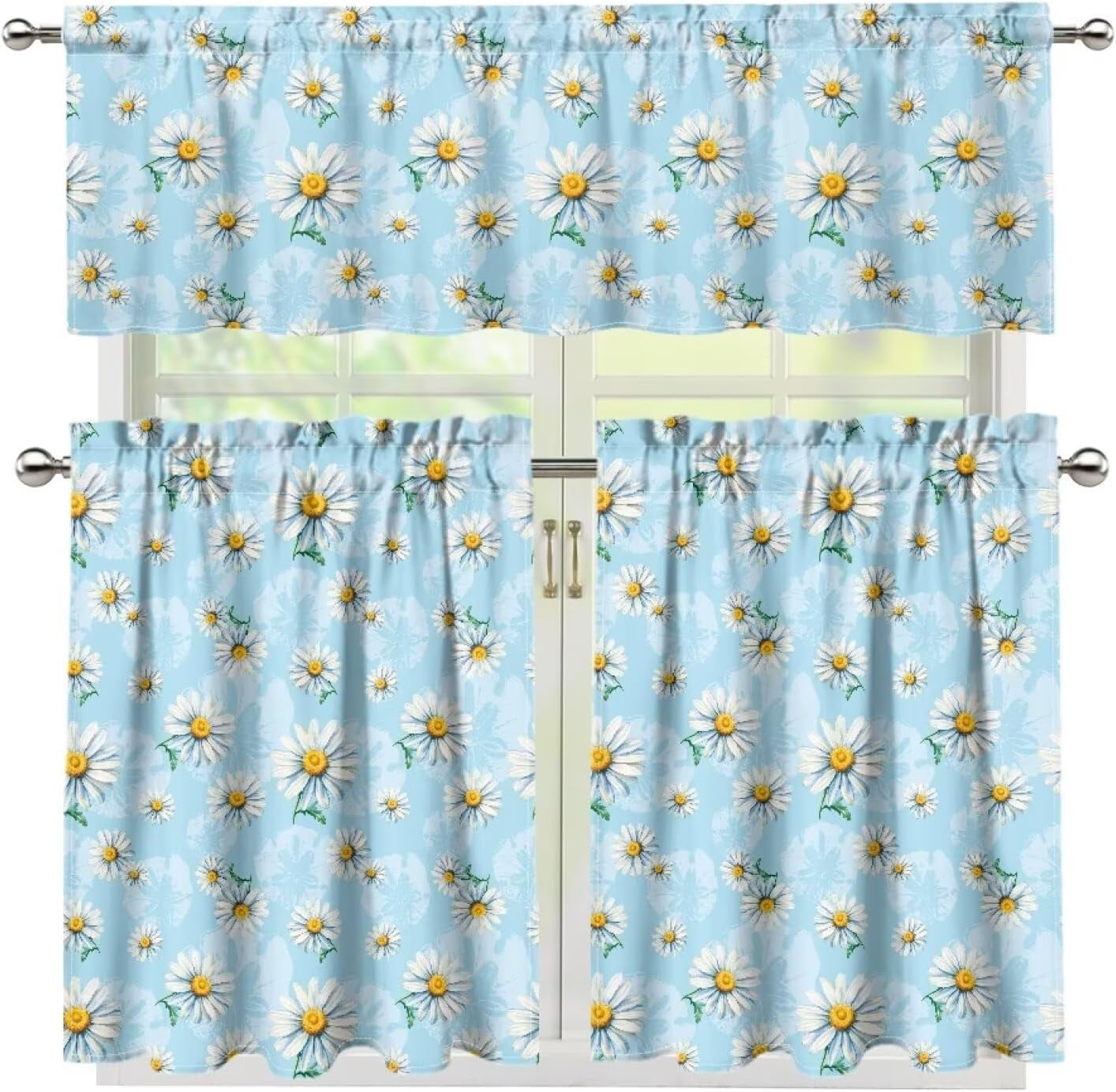Dasiy Kitchen Curtain Valance Sets 36 Inch Long Tier Cafe Curtains Blue ...