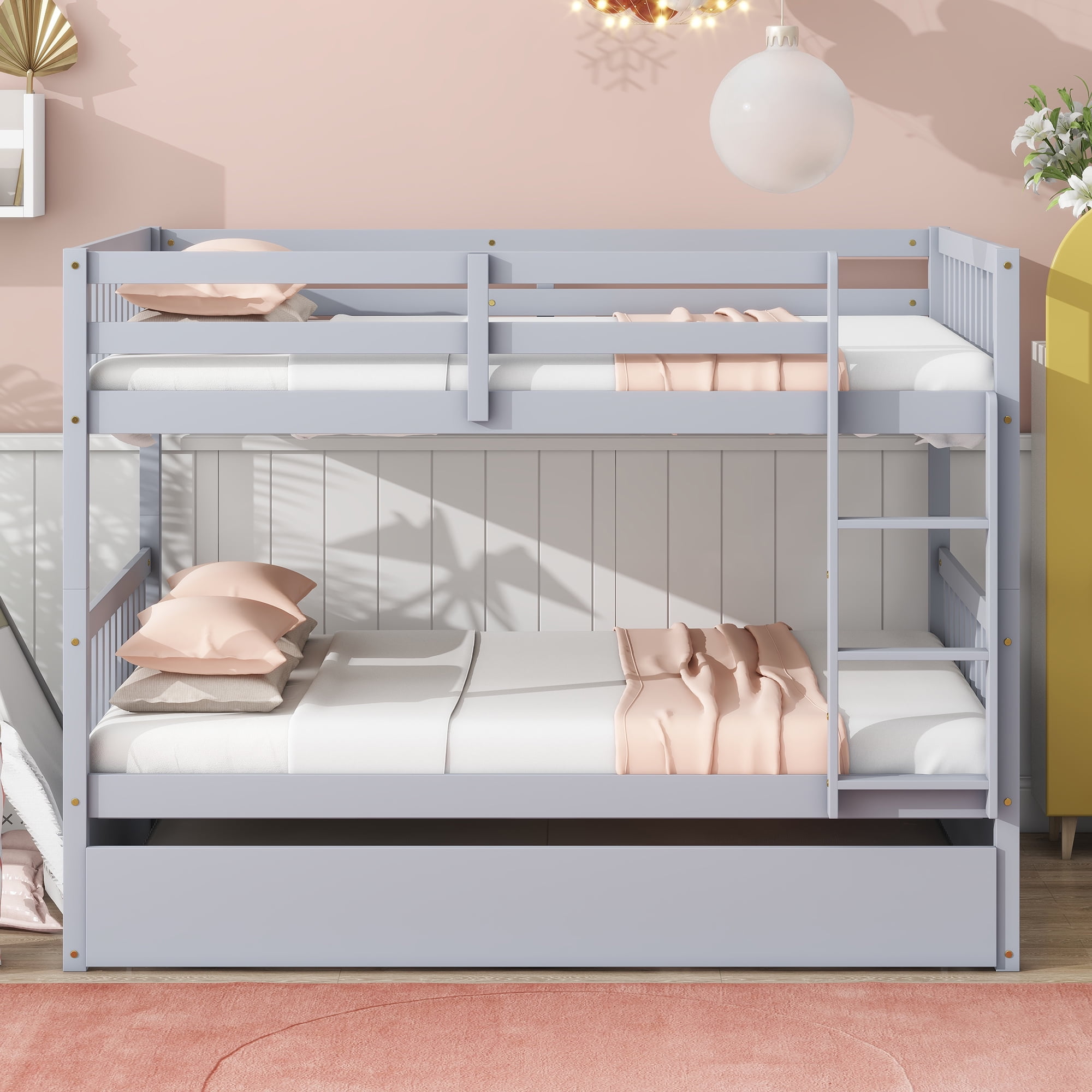 Dasun Full Over Full Rubber Wood Bunk Bed with Trundle, Ladder and ...