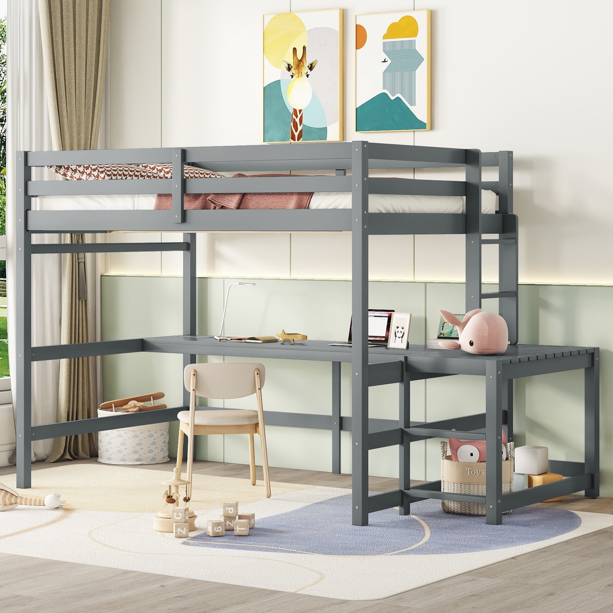 Dasun Full Size High Loft Bed with Built-in Desk, Ladder Platform ...
