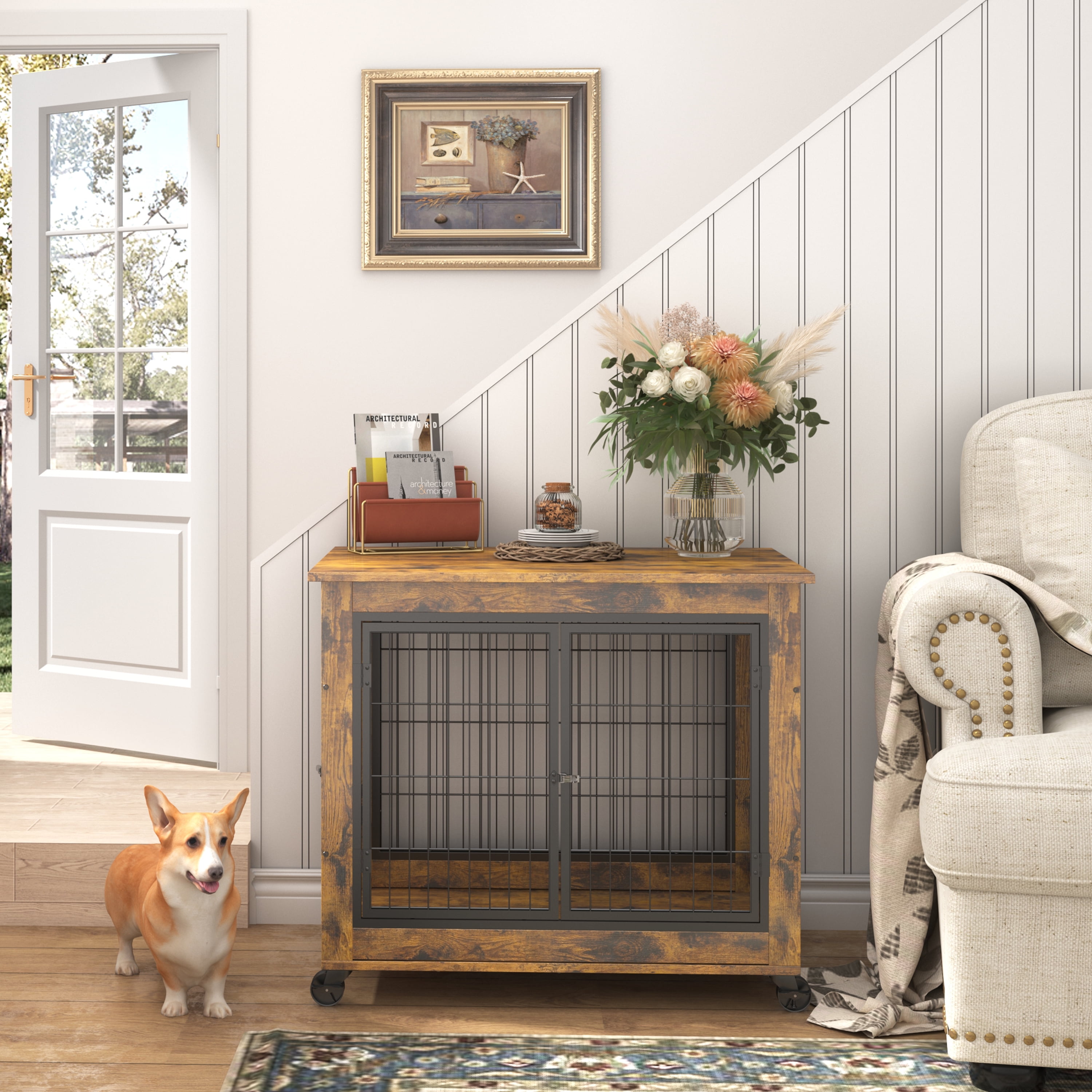 Dasun Furniture Style Dog Crate Side Table on Wheels with Double Doors ...