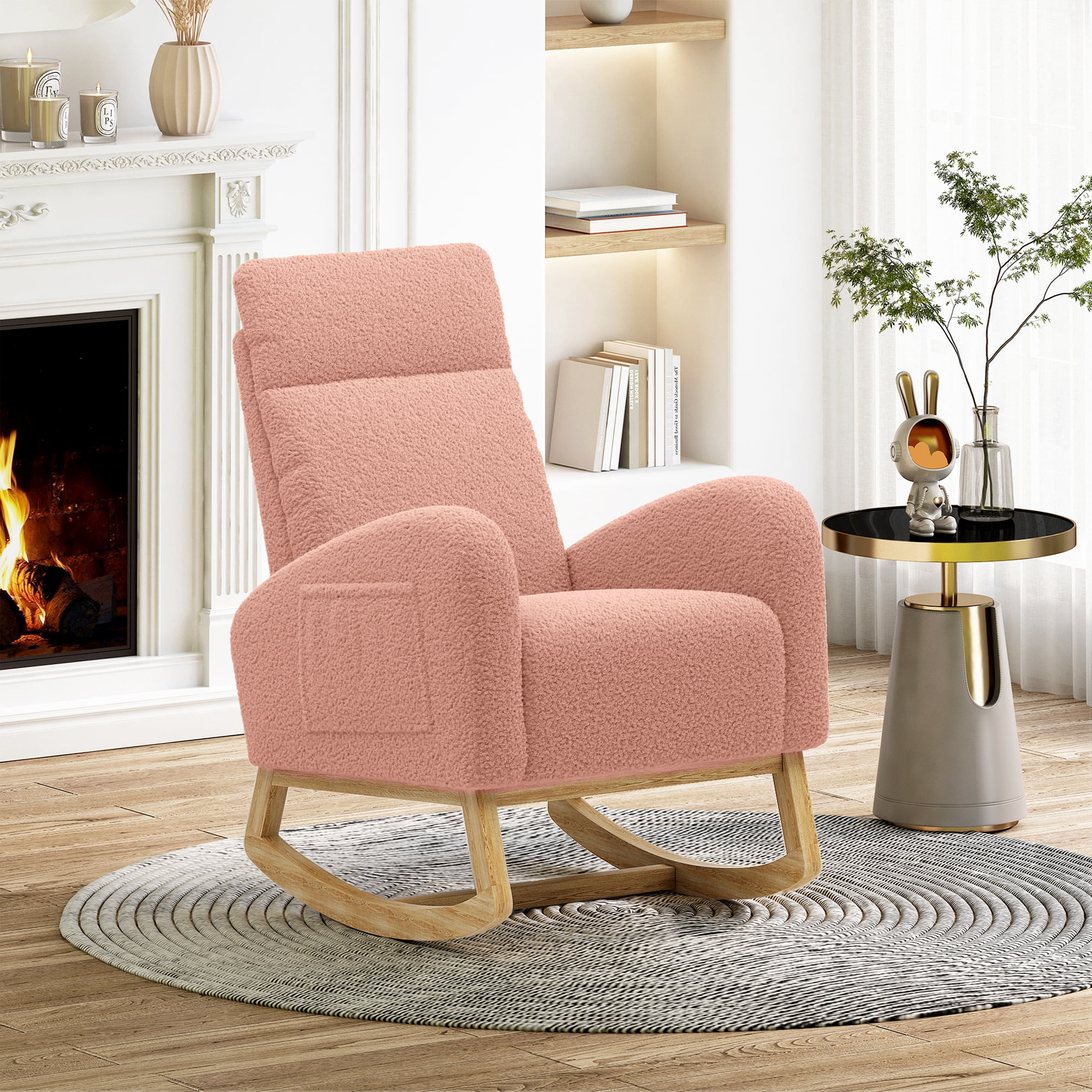 Dasun Teddy Fabric Rocking Chair, High Back Rocker Armchair With Right ...