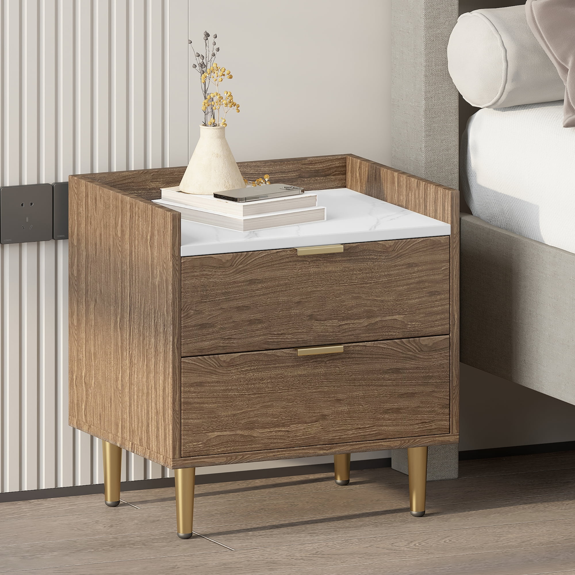 Dasun Wooden Nightstand with 2 Drawers and Marbling Worktop, Mordern End Table Bedside Table ...
