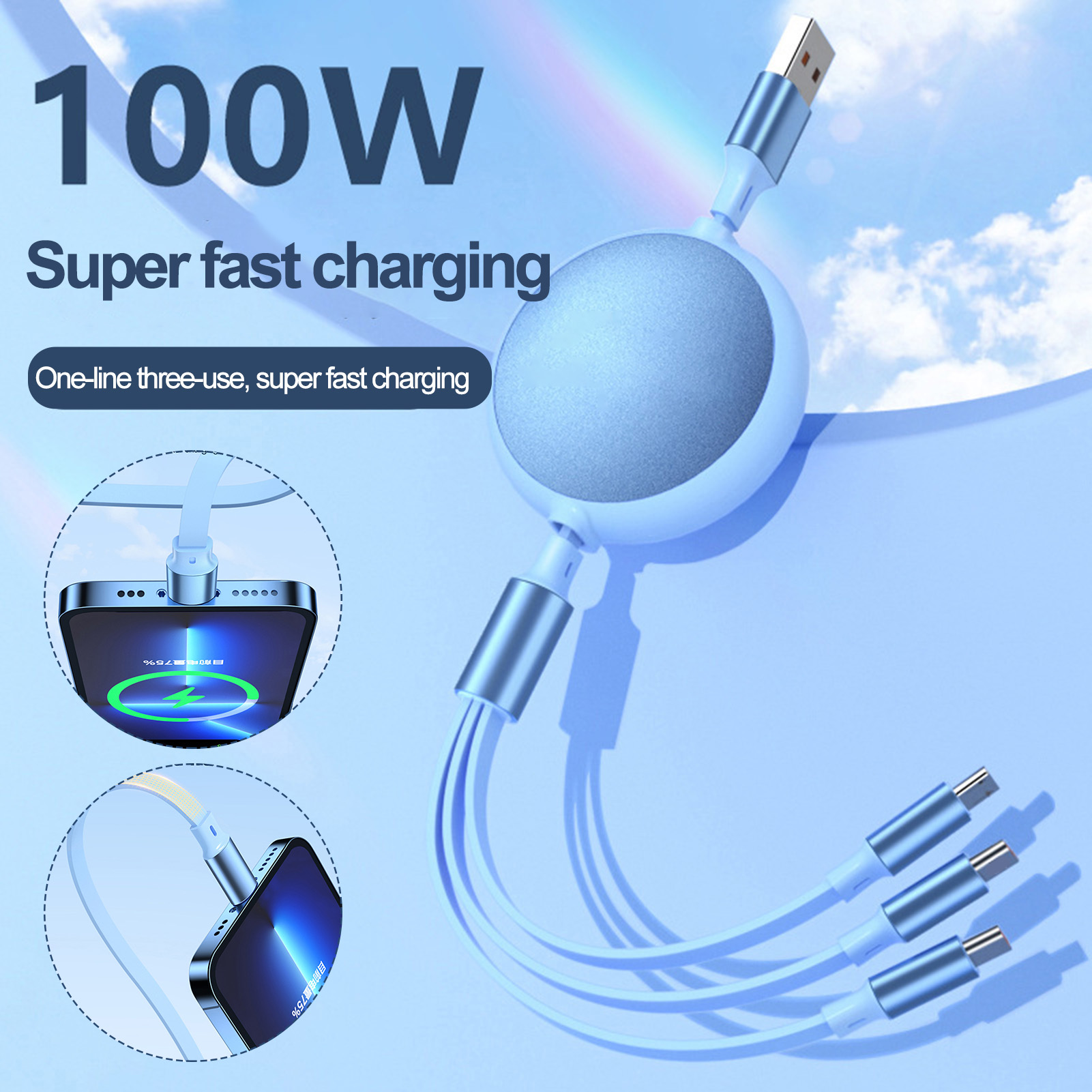 Data Cable 100W Aluminum Shell 3-in-1 Super Fast Charging Stretchable ...