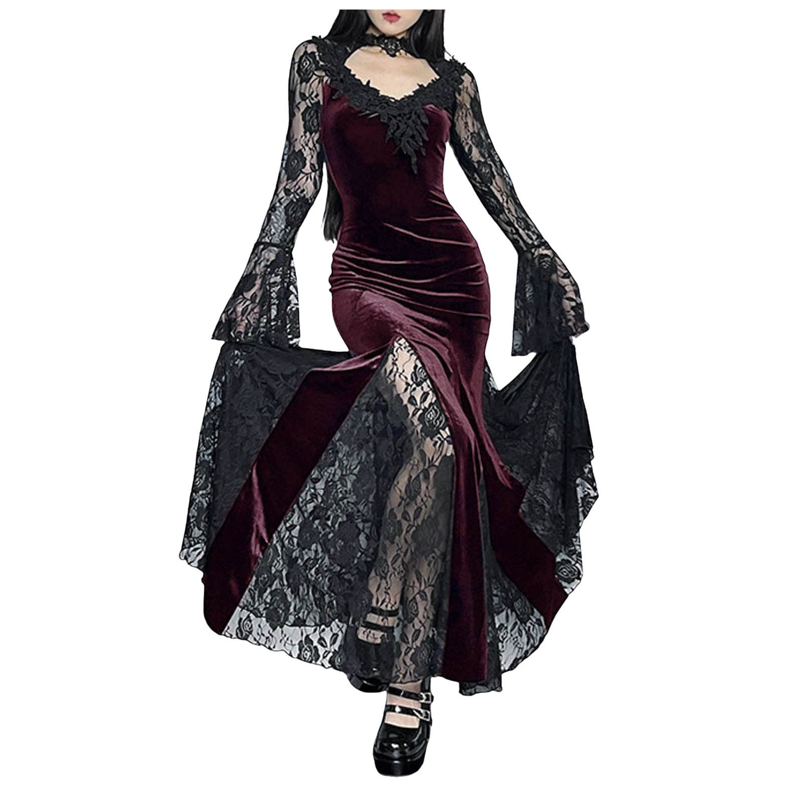 Dateuuo Lace Long Sleeve Draped Bodycon Goth Vintage Dress Halloween ...