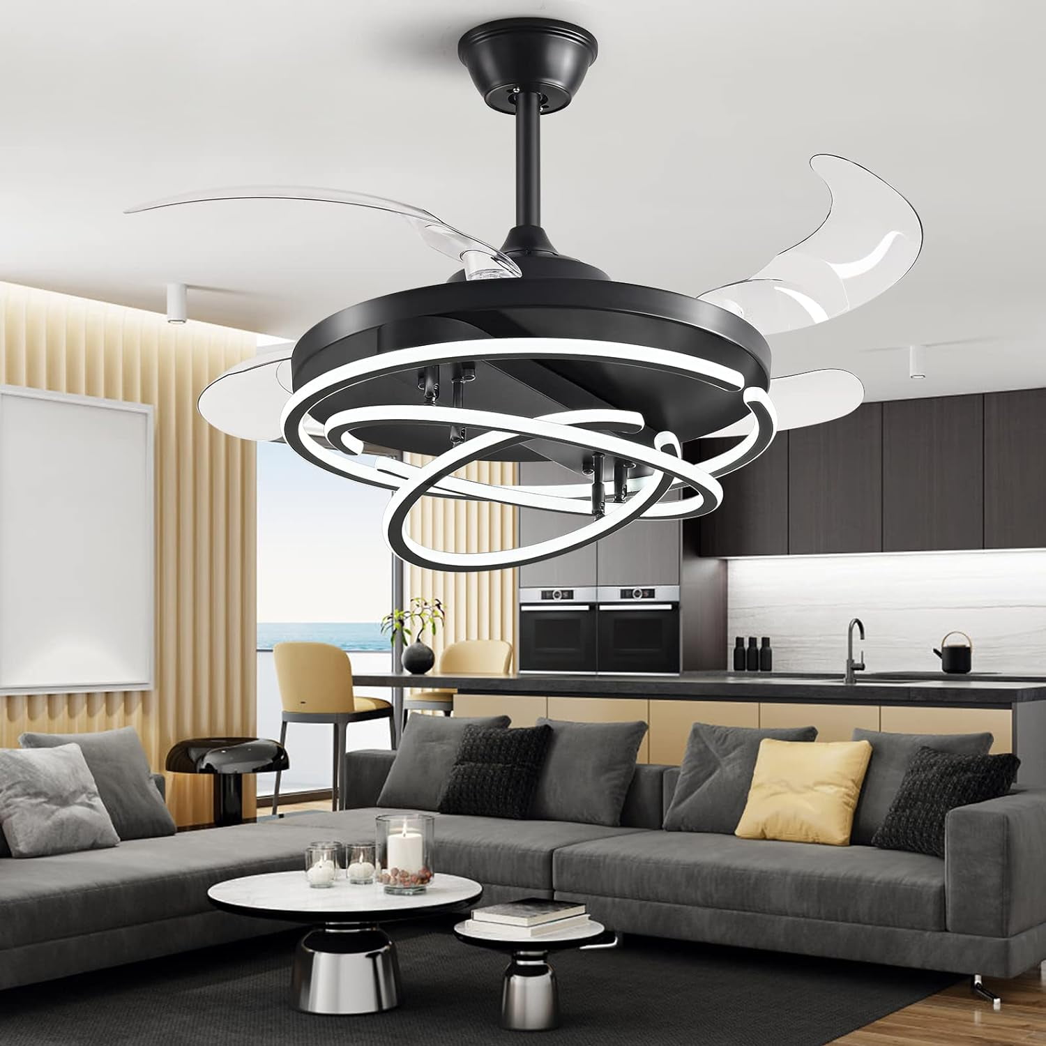 Datingday 42" Chandelier Ceiling Fan Light,Black Modern DIY Ceiling Fan ...