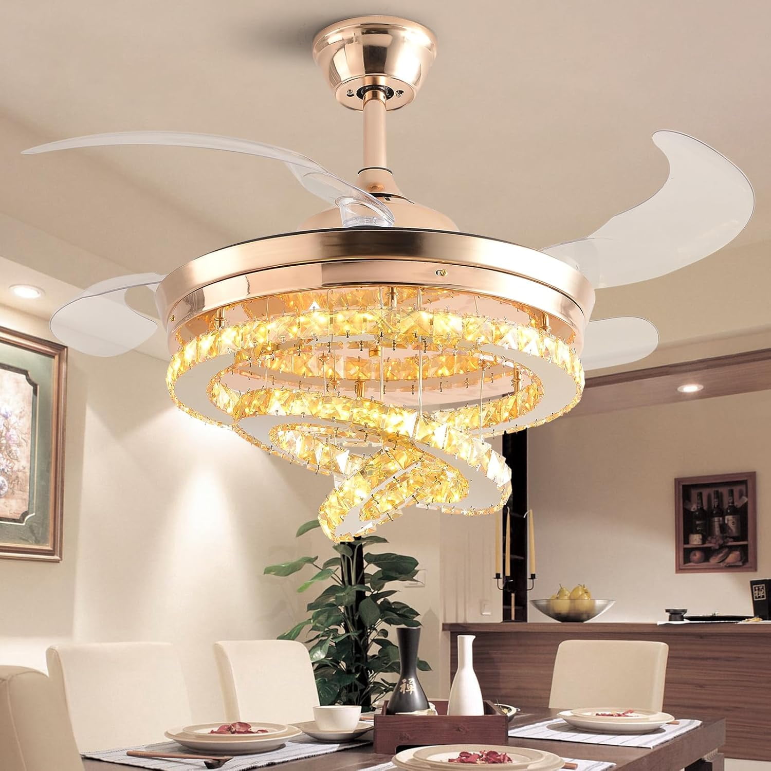 Datingday 42" Crystal Ceiling Fan with Lights,Modern DIY Crystal ...