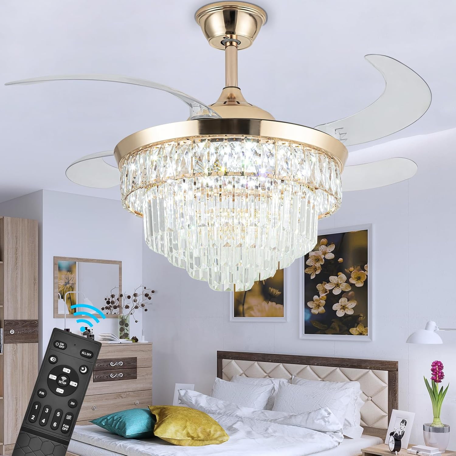 Datingday 42 Inch Crystal Ceiling Fan,Dimmable Crystal Fandelier,Gold ...