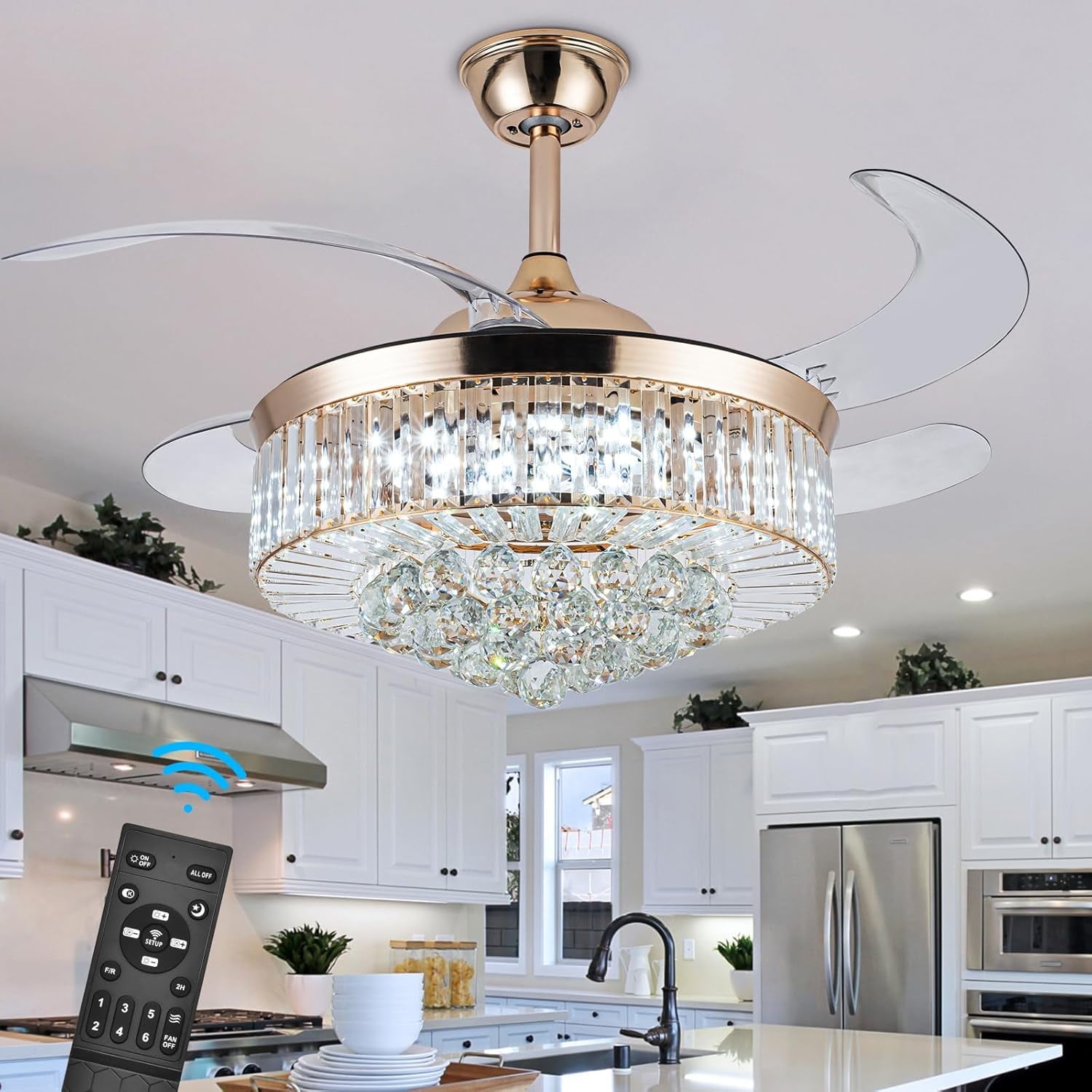 Datingday 42 Inch Crystal Ceiling Fan Golden Crystal Ceiling Fan ...