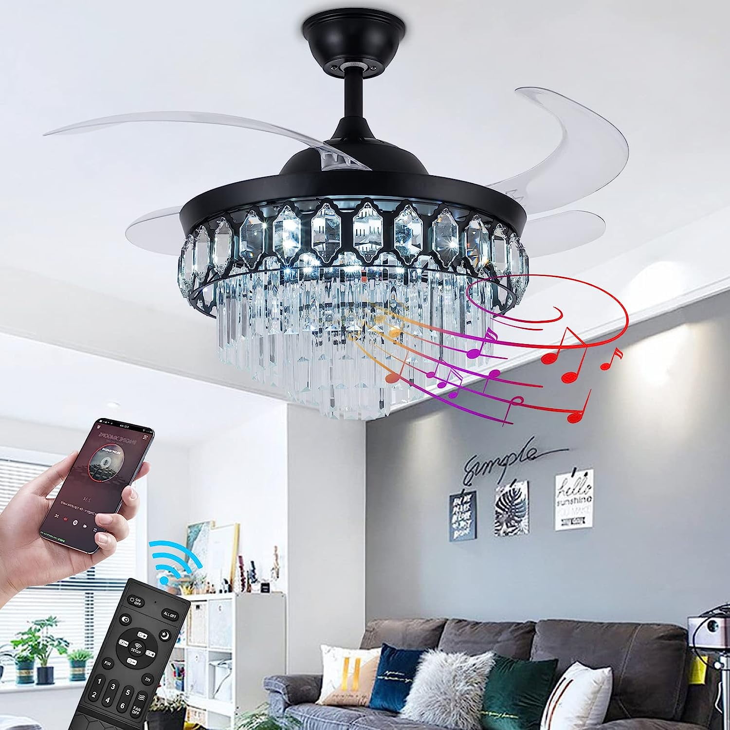 Datingday 42 Inch LED Crystal Ceiling Fan with Lights Smart Bluetooth ...