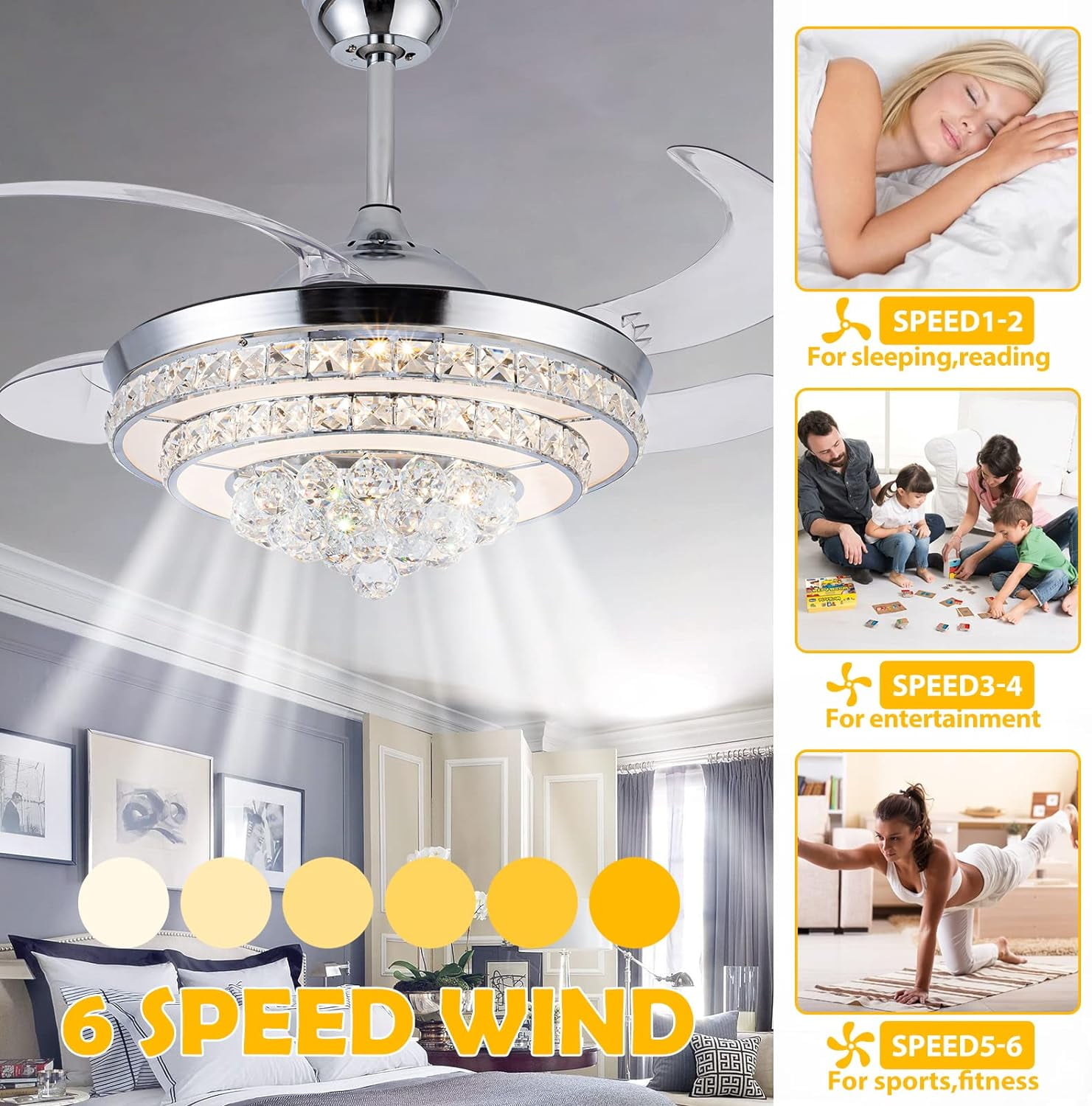 Datingday 42 Inch LED Crystal Ceiling Fans Modern Dimmable Fandelier ...