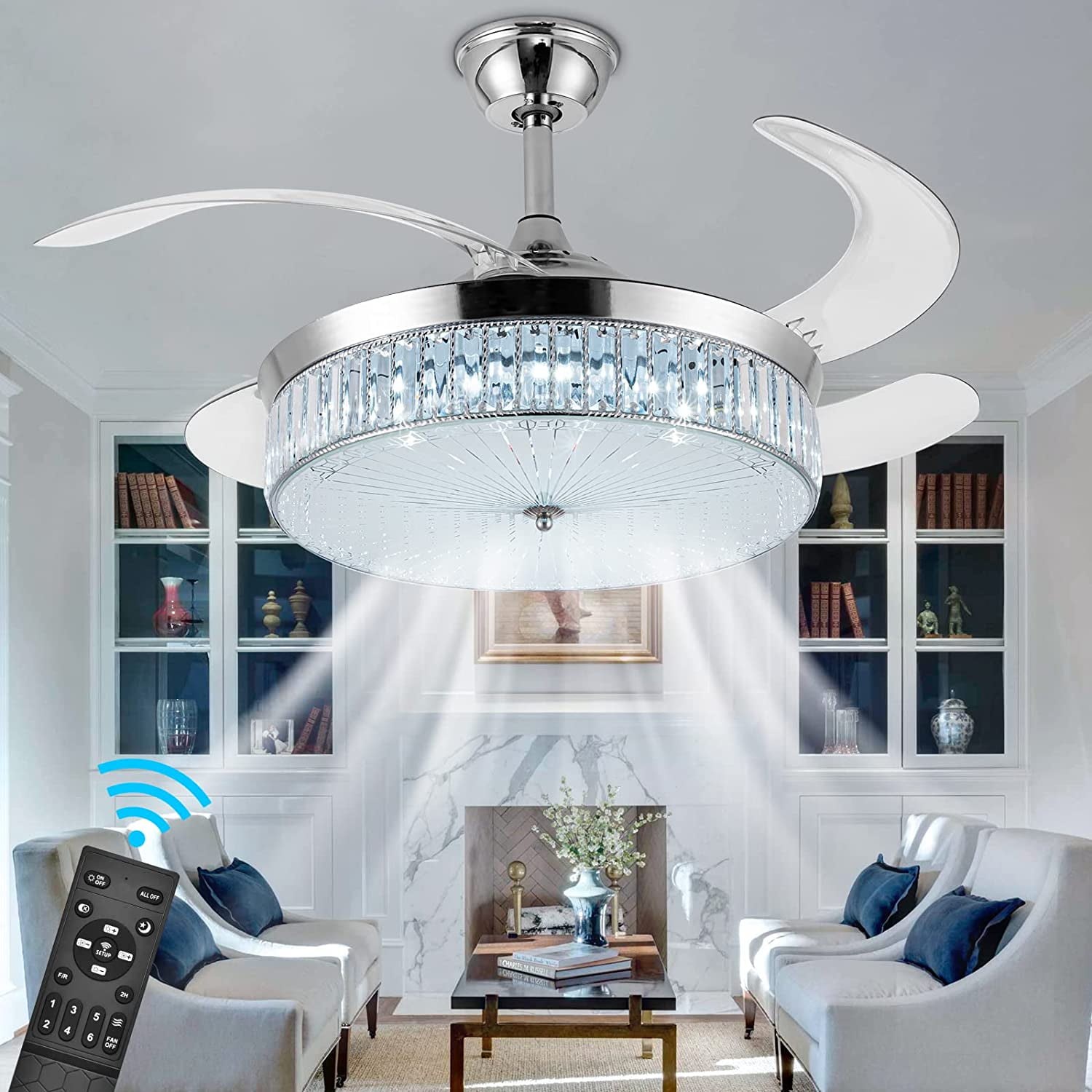 Datingday 42" LED Retractable Crystal Ceiling Fans , Reversible ...