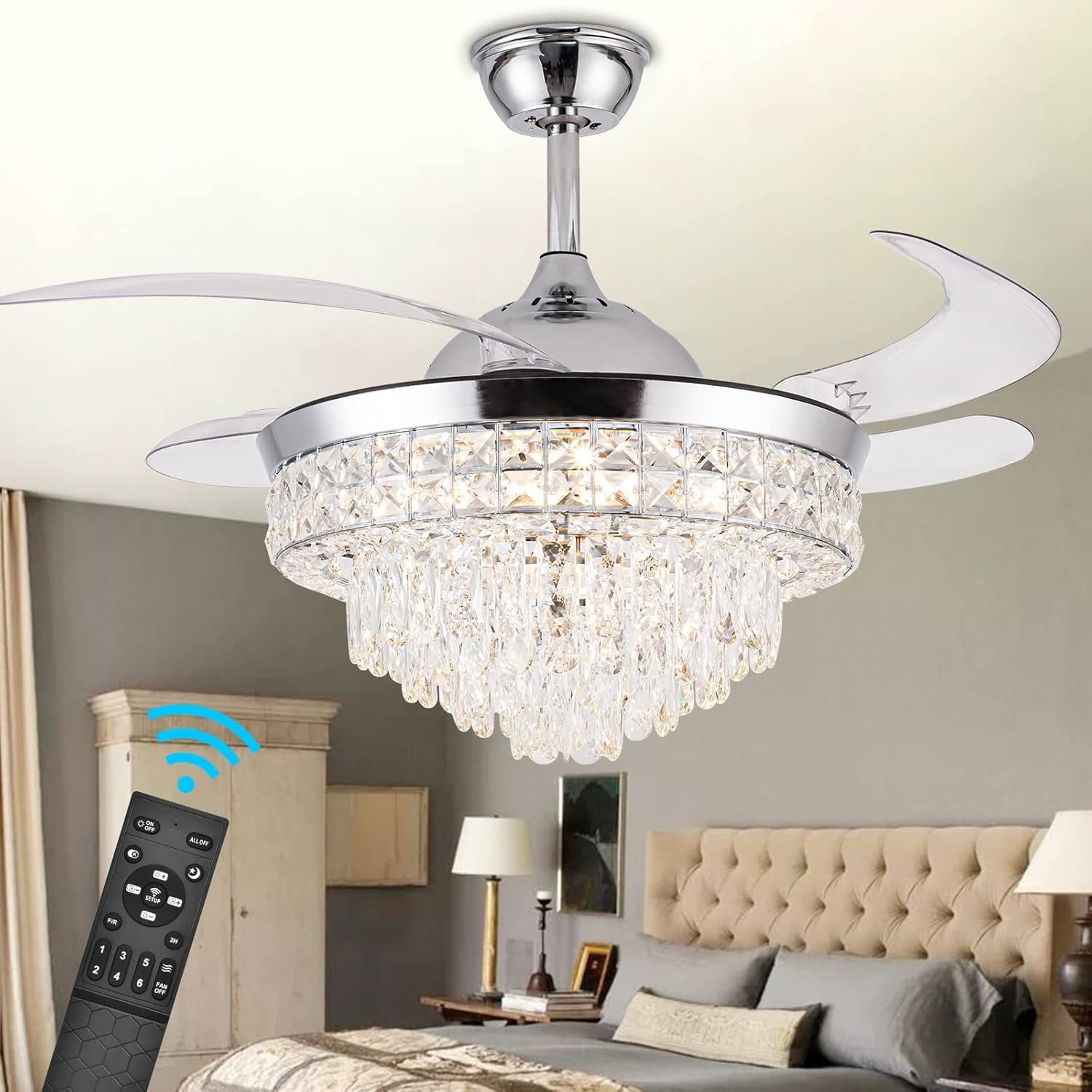 Datingday 42Inch Crystal Ceiling Fan with Light,Silver Luxury Dimmable ...