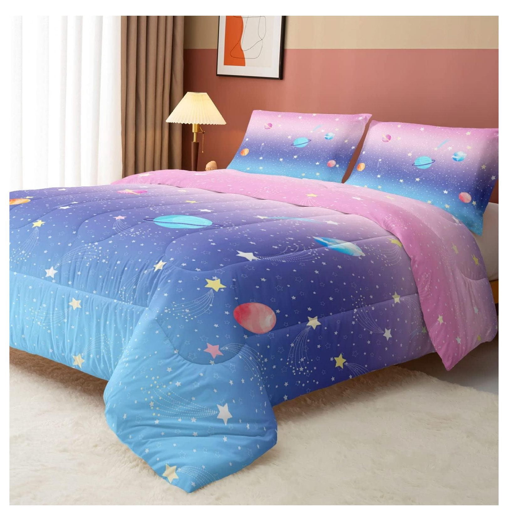 Datura home Kids Comforter Set Girls Pink Blue Space Printed Pattern ...