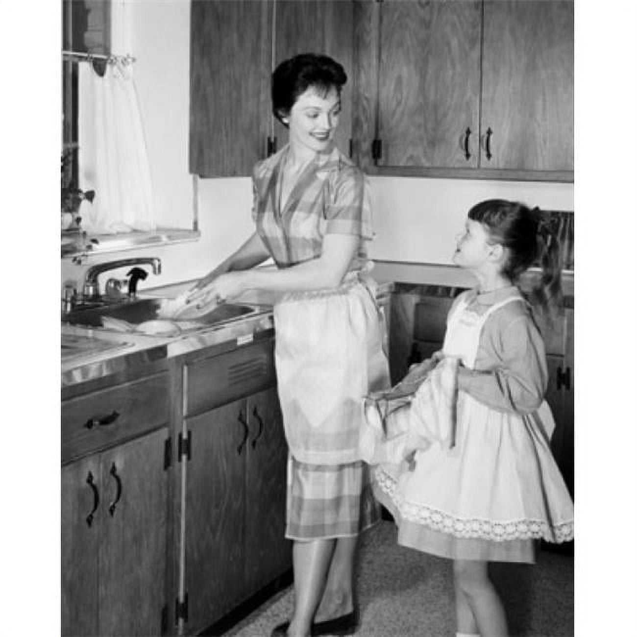 Daughter Helping Her Mother Wash Dishes in Kitchen Poster Print - 18 x ...