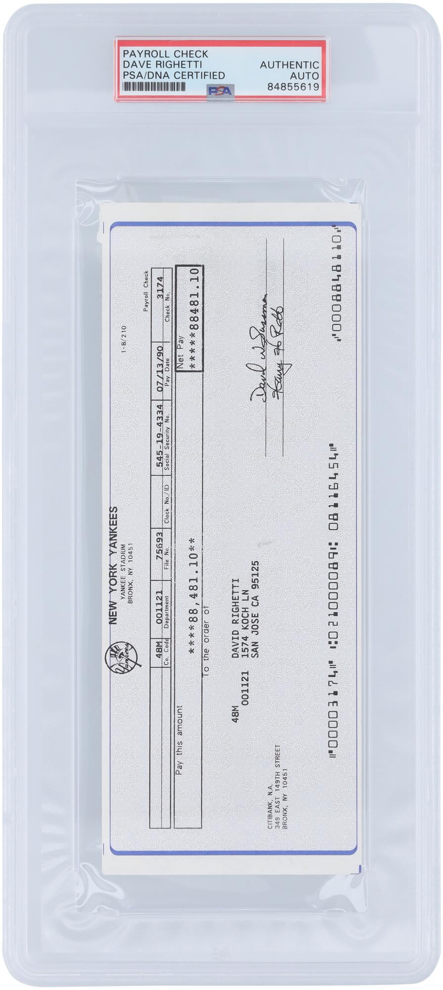 Dave Righetti New York Yankees Autographed Check from July 13, 1990 ...