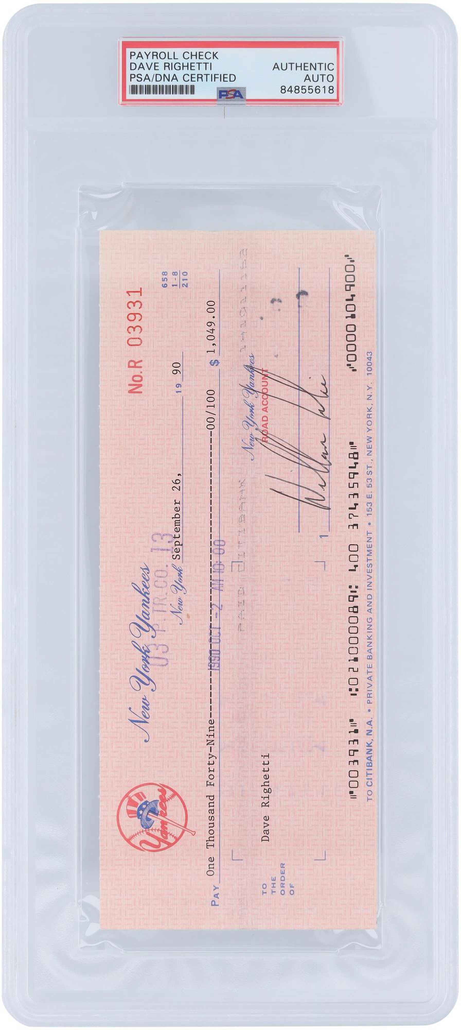 Dave Righetti New York Yankees Autographed Check from September 26 ...