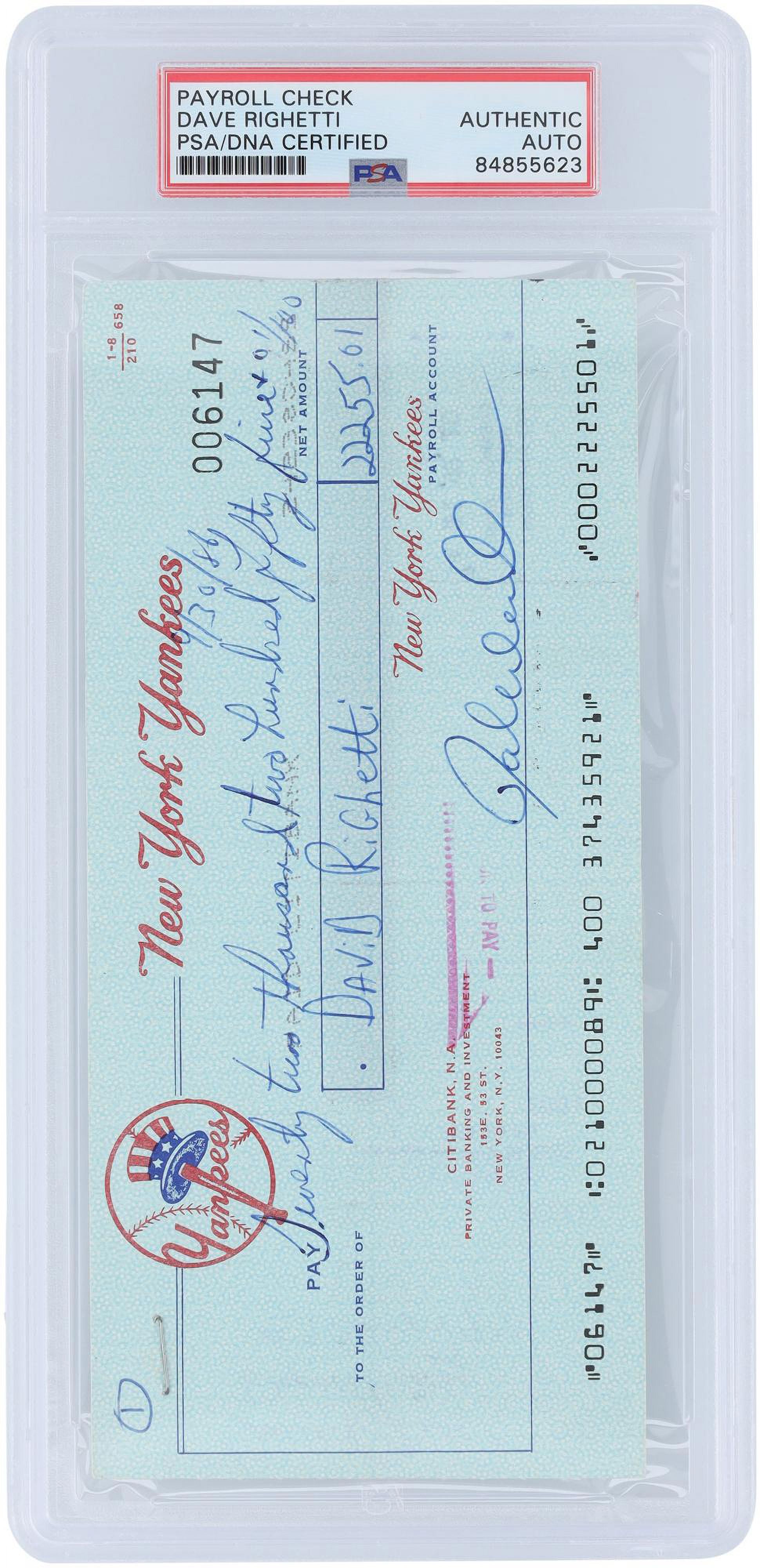Dave Righetti New York Yankees Autographed Check from September 30 ...
