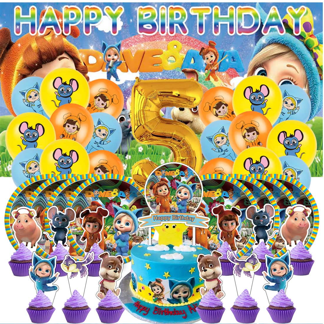 Dave and AVA Balloons Party Supplies 5th Decor Tableware Birthday Cake ...