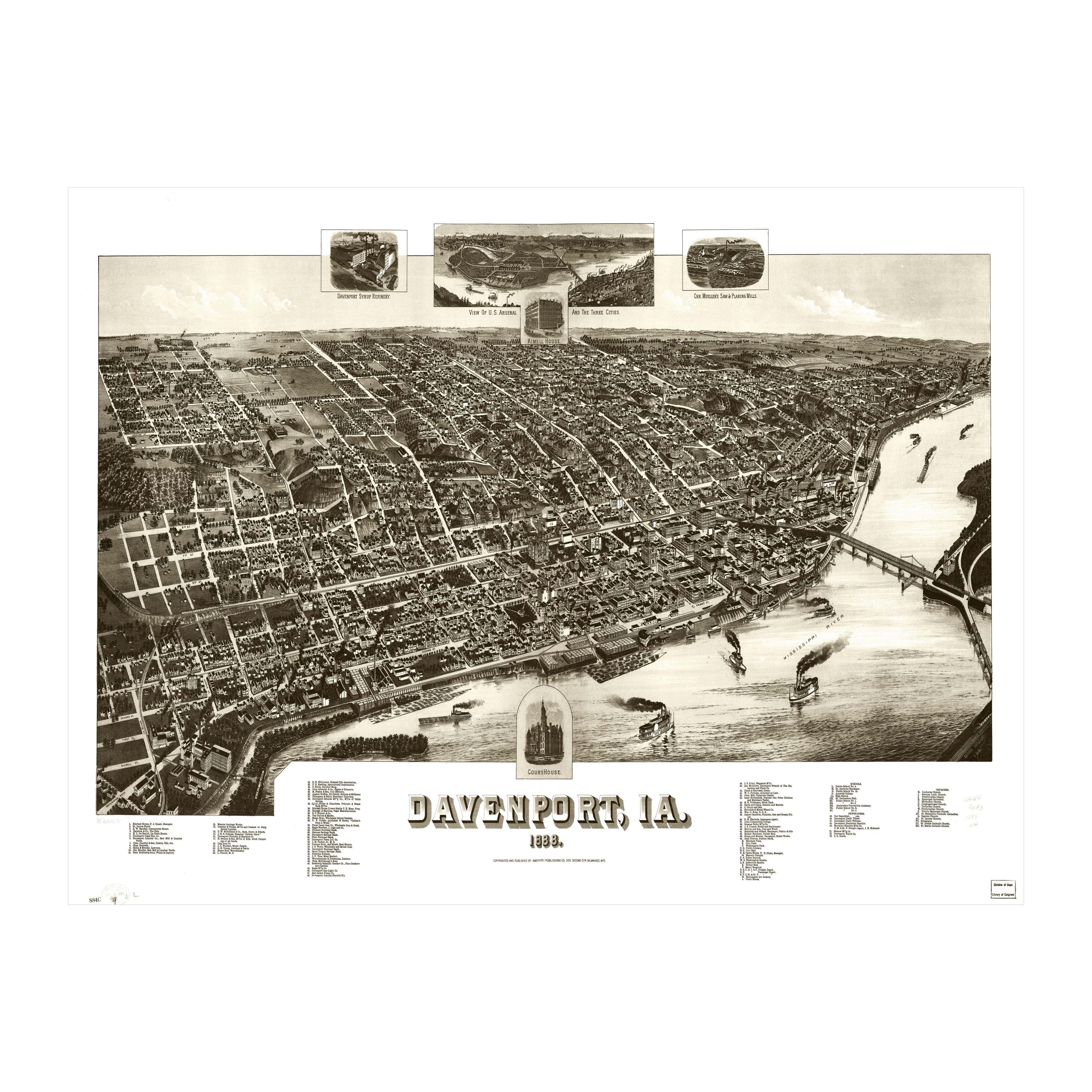 Davenport Art, 1888 Vintage Map of Davenport Iowa, IA History Wall ...