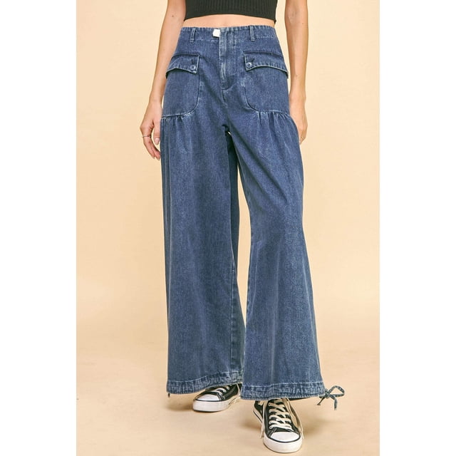 Davi Dani Mid Rise Drawstring Hem Wide Leg Blue Denim Jeans - Walmart.com