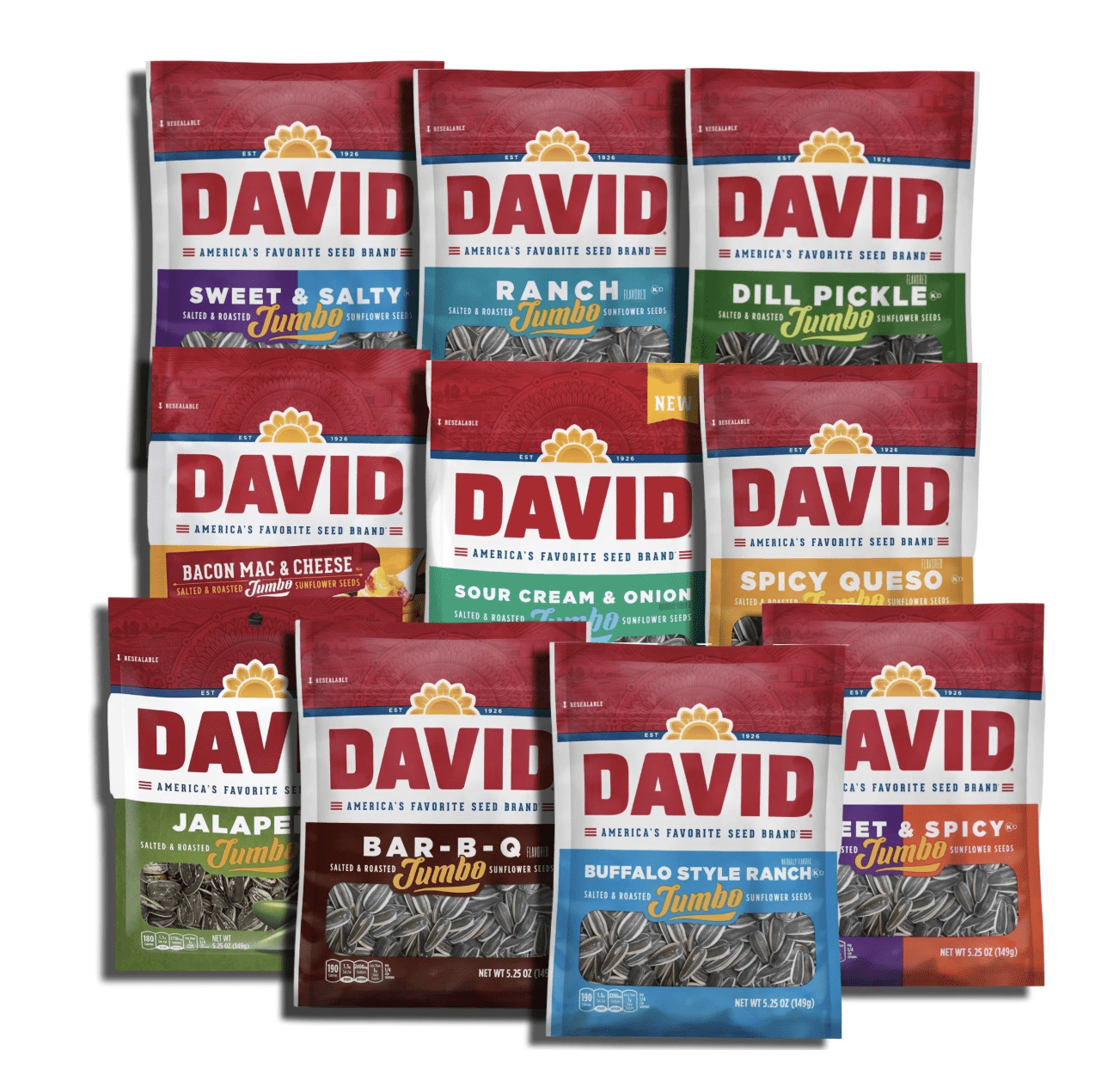 David Sunflower Seeds Variety Pack, 10 Flavored Kernels Pre-Packaged ...