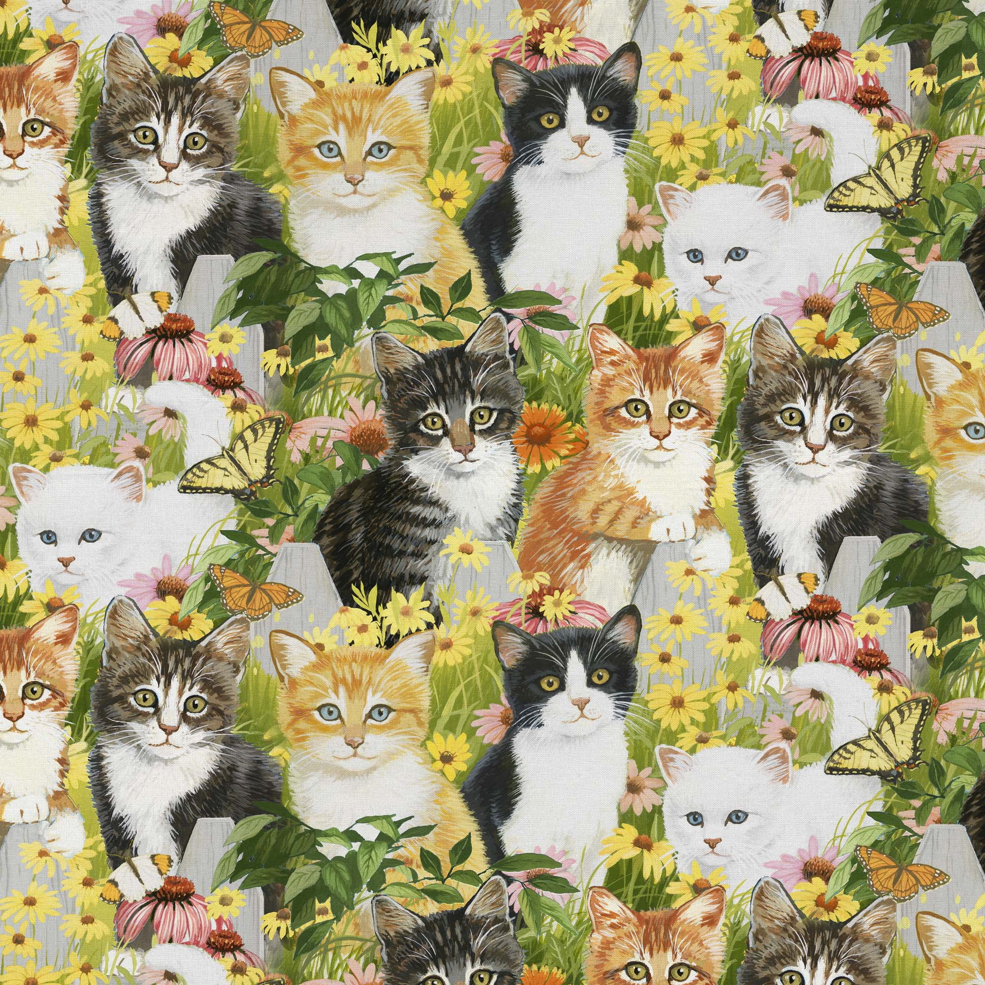 David Textiles 44" Cotton Kittens & Daisies Fabric By the Yard, Multi ...