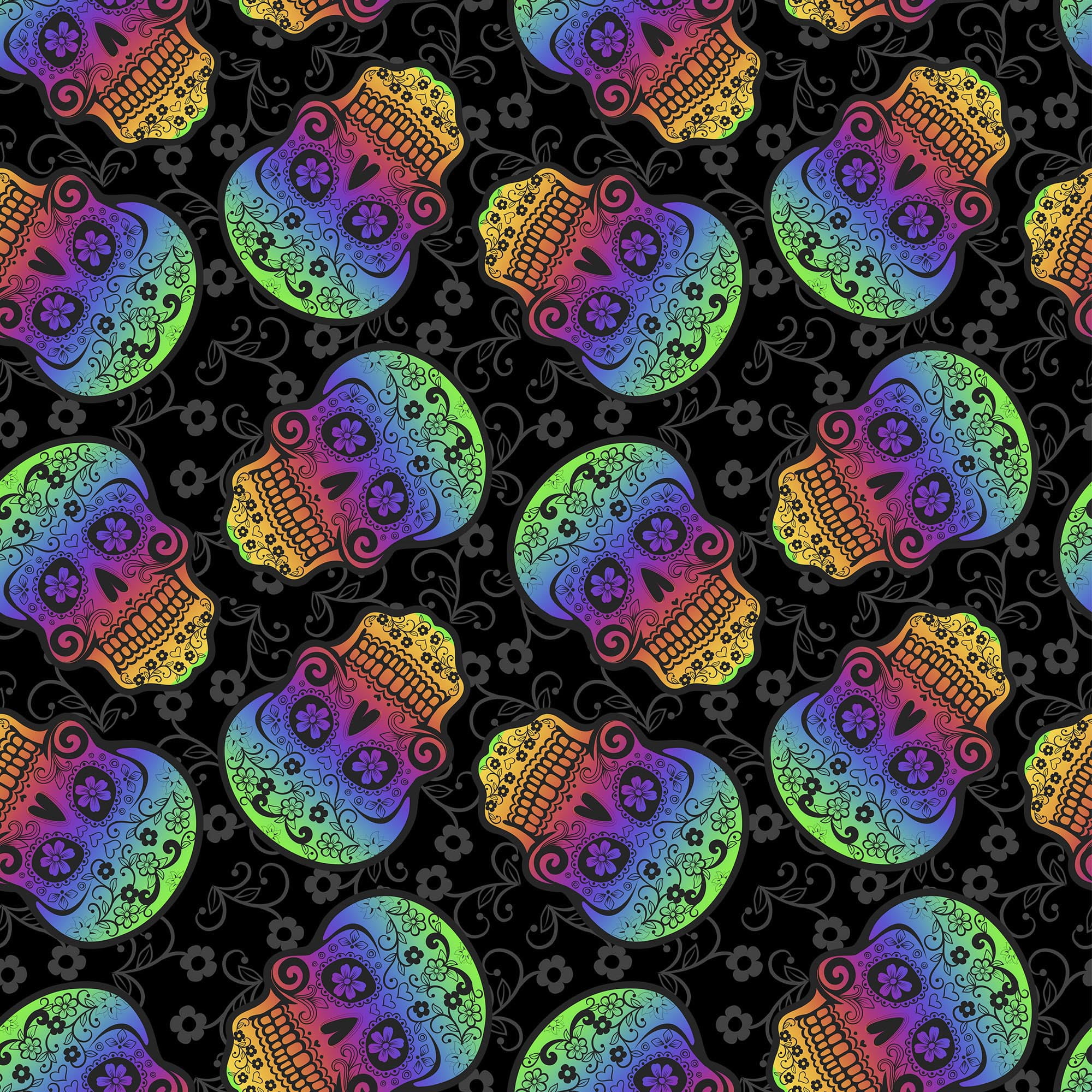 David Textiles 44" Cotton Rainbow Skulls Fabric by the Yard, Black ...