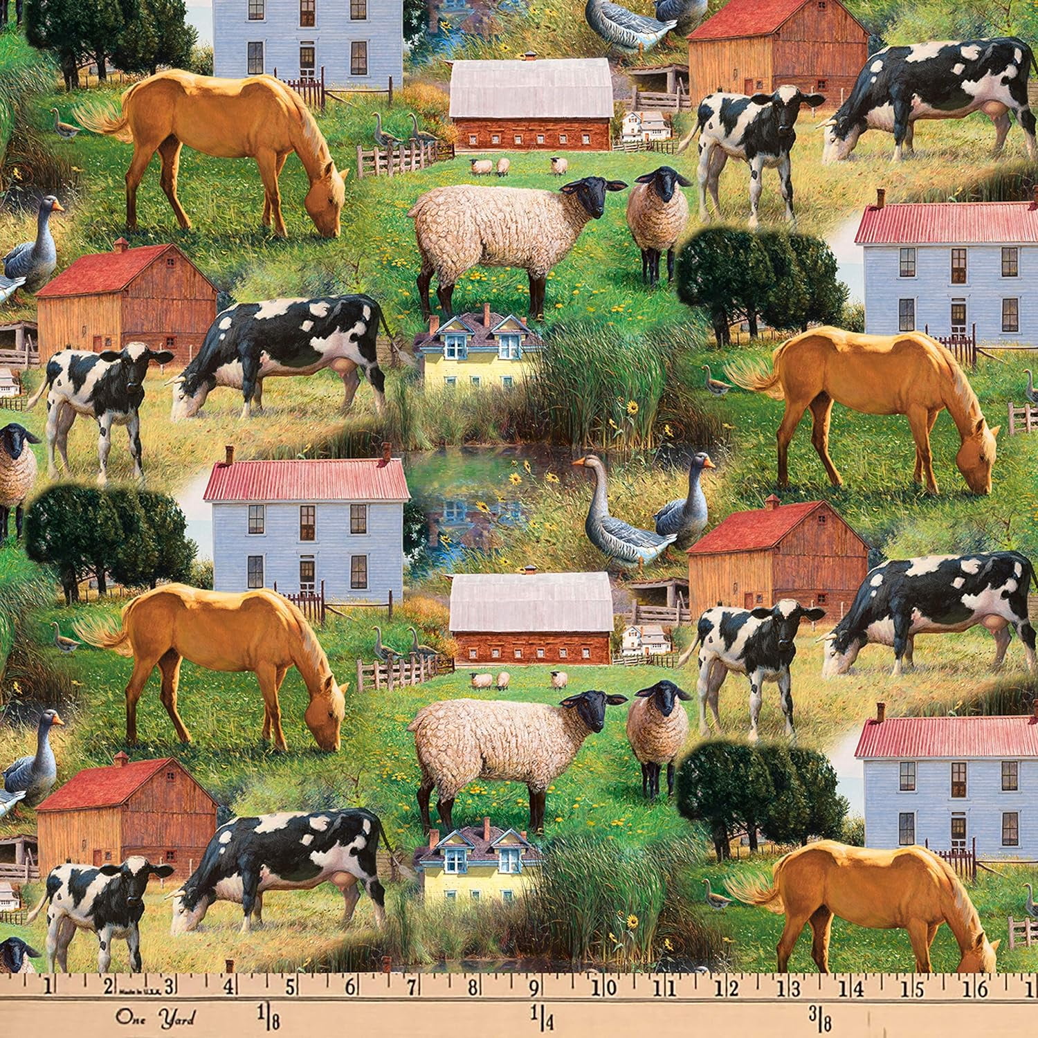 David Textiles Cows Horses Sheep Farm Scene Multi 100% Cotton Fabric ...