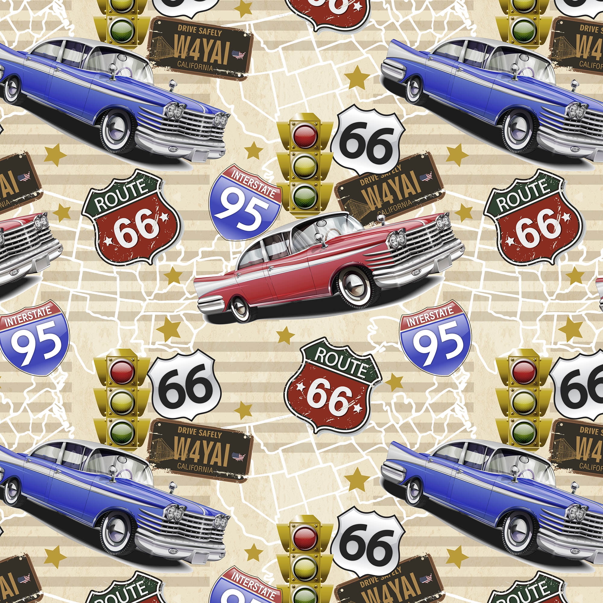 David Textiles 44" x 1 Yard Cotton Route 66 Precut Fabric, Multicolor ...