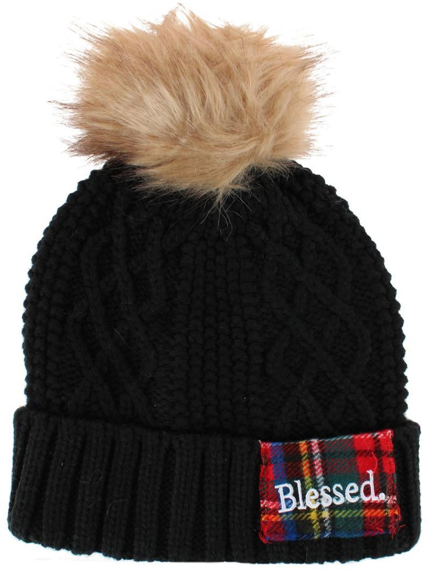 David & Young Blessed Plaid Patch Knit Winter Beanie with Pom (Women ...