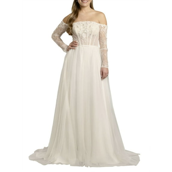 David's Bridal Women's Off-the-Shoulder Tulle Corset A-Line Wedding ...