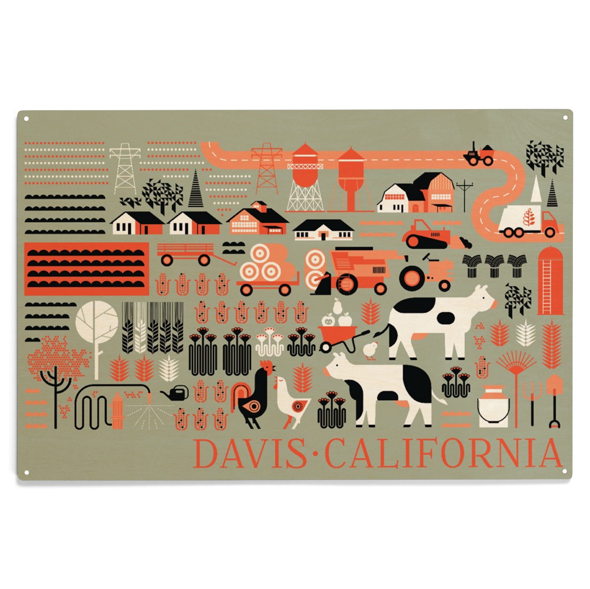 Davis, California, Farm Icons Birch Wood Wall Sign (10x15 Rustic Home ...