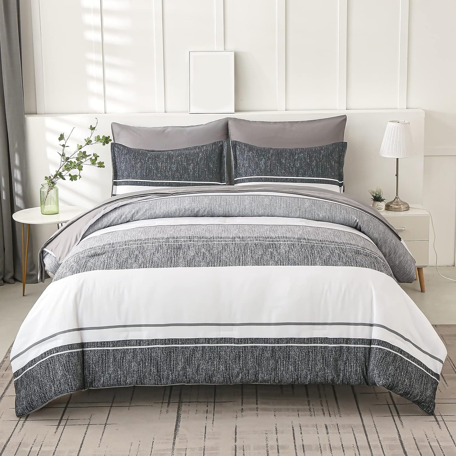 Davulos 7 Piece Bed in a Bag Stripe Comforter Set Queen Size, White Grey Black Patchwork Striped ...