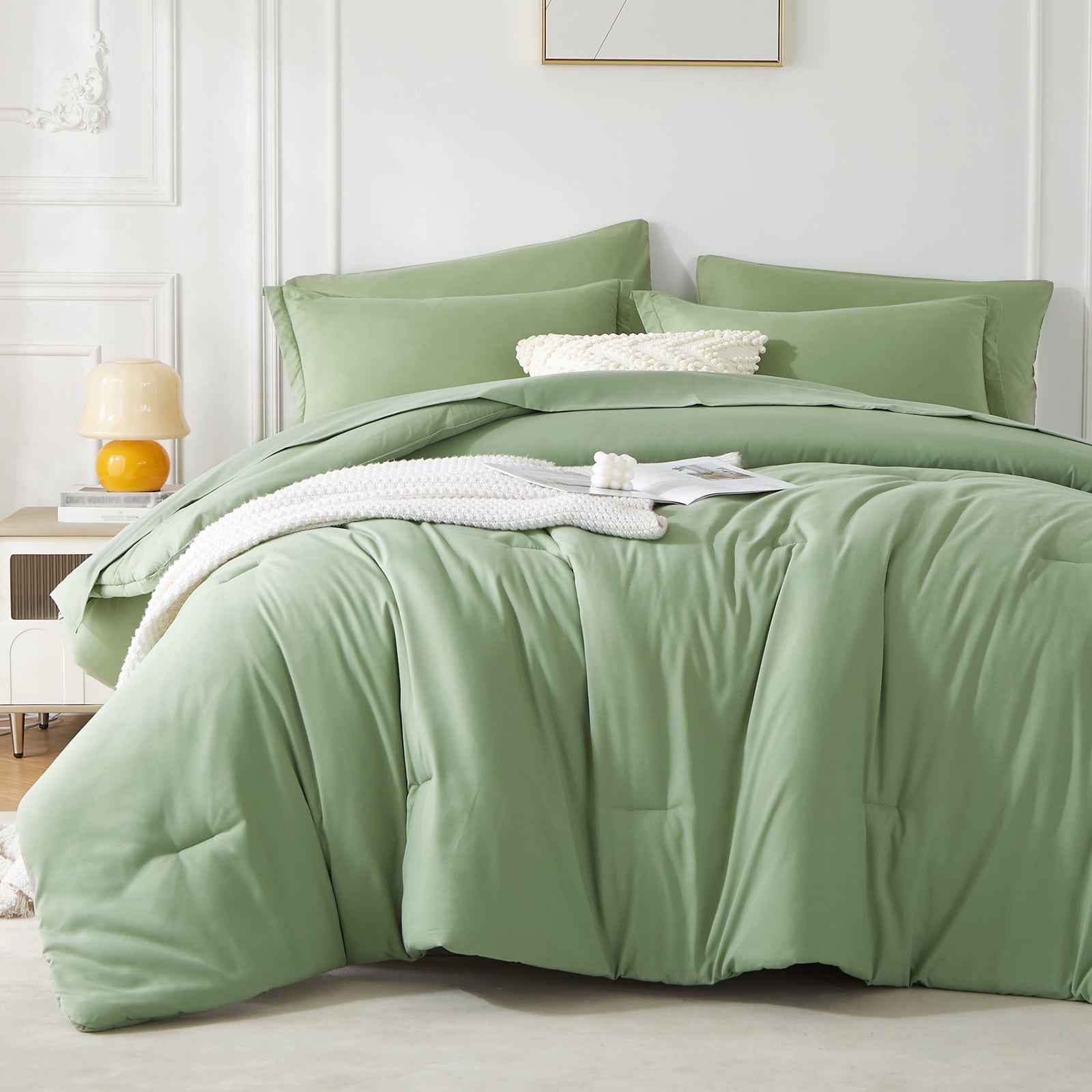 Davulos 7 Pieces Queen Comforter Set,Bed in a Bag Queen Size ,Sage Green Bedding for All Seasons ...